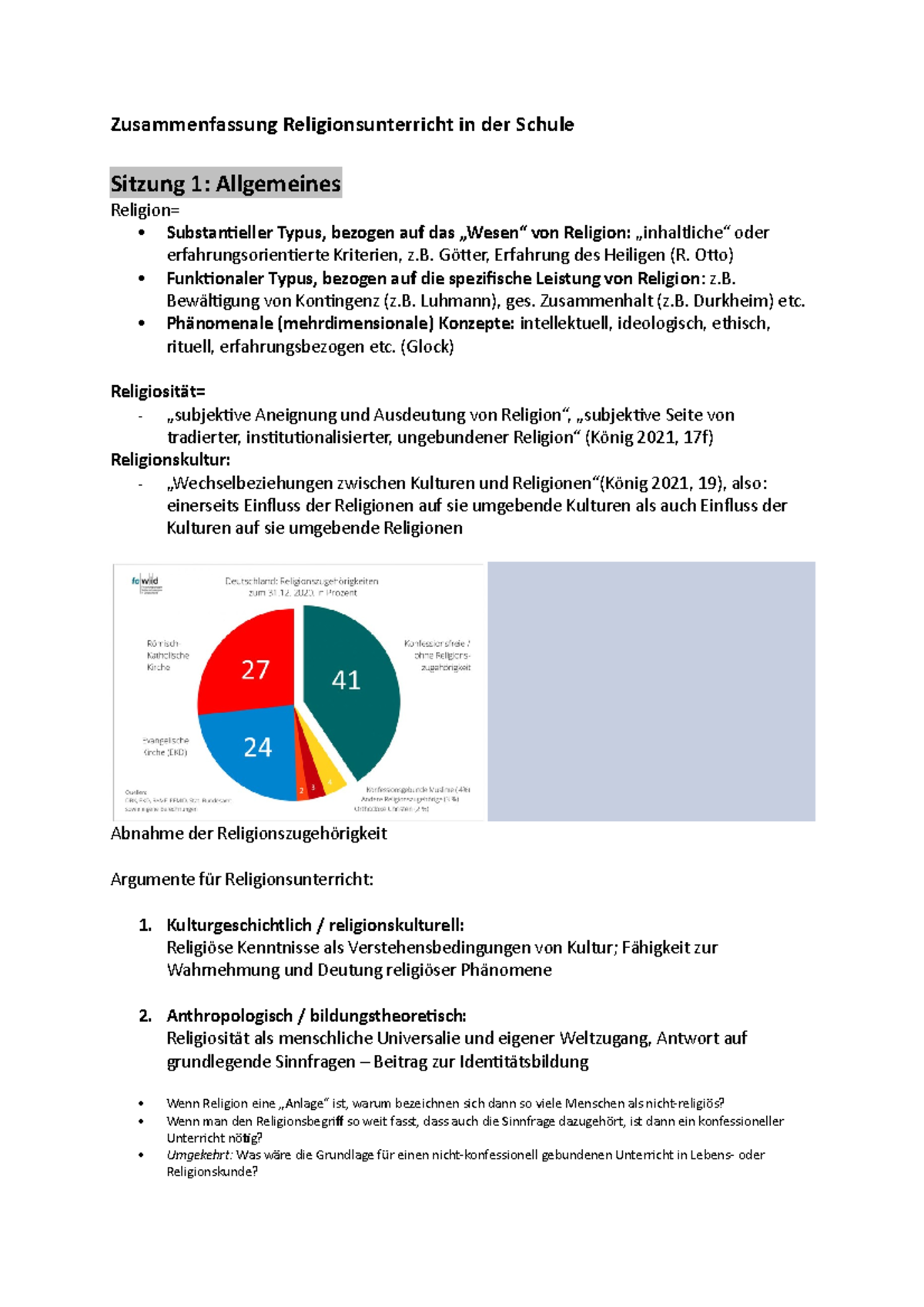 Zusammenfassung Religionsunterricht in der Schule - Götter, Erfahrung ...