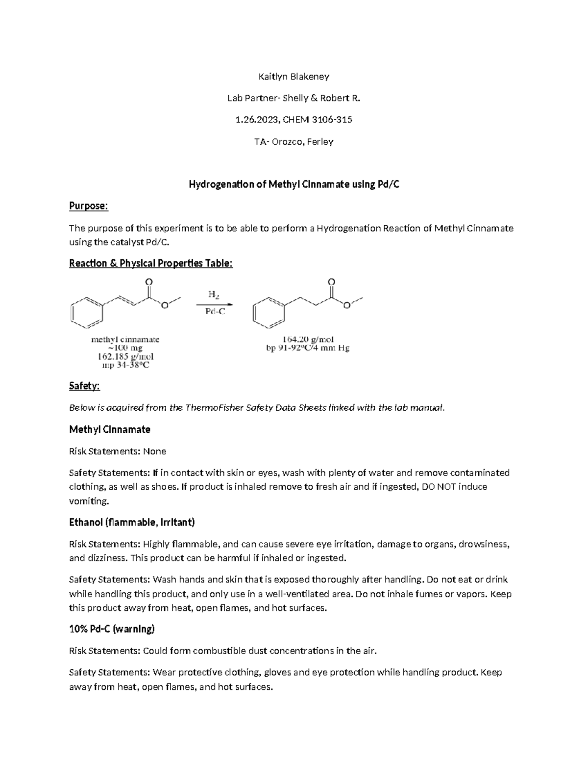 Ochem II Lab report Experiment 1 - Kaitlyn Blakeney Lab Partner- Shelly ...