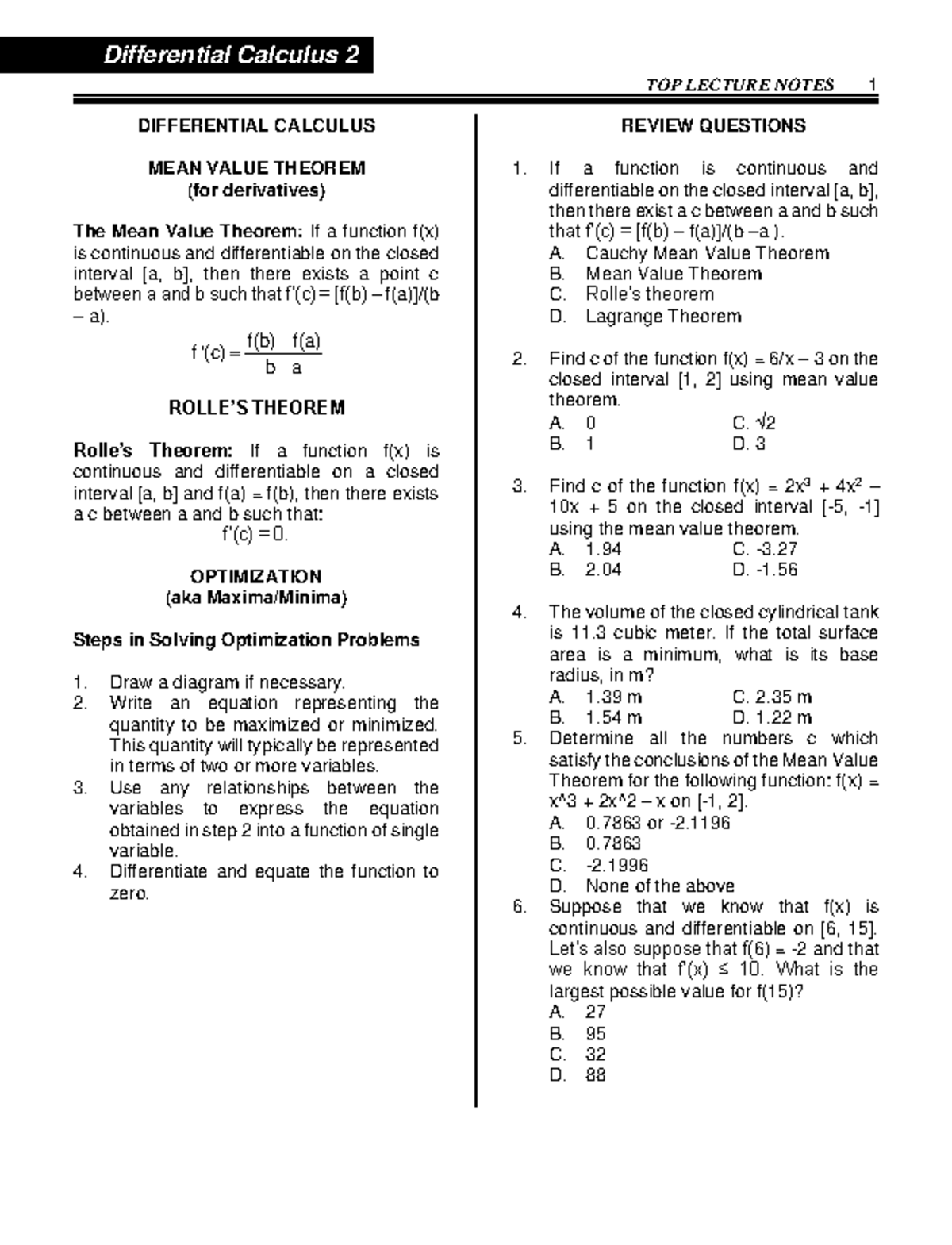 Differential Calculus 2 - TOP LECTURE NOTES 1 DIFFERENTIAL CALCULUS ...