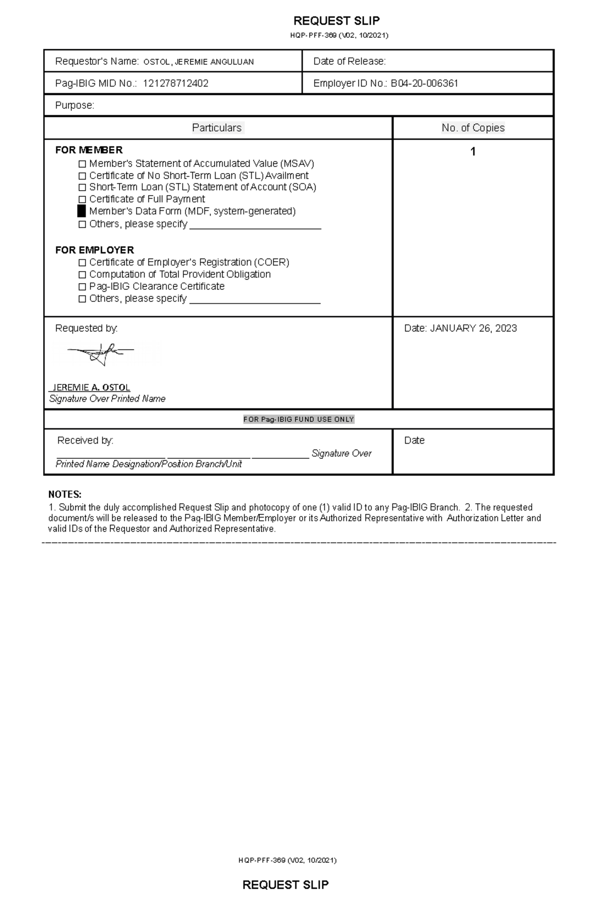 RS - ECONOMICS - REQUEST SLIP HQP-PFF-369 (V02, 10/2021) Requestor’s ...
