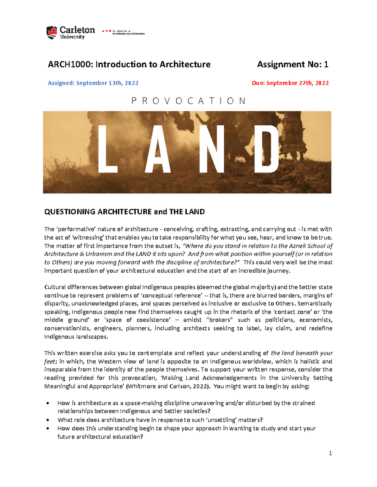 ARCH 1000 Assignment No 1 LAND - 1 ARCH1000: Introduction to ...