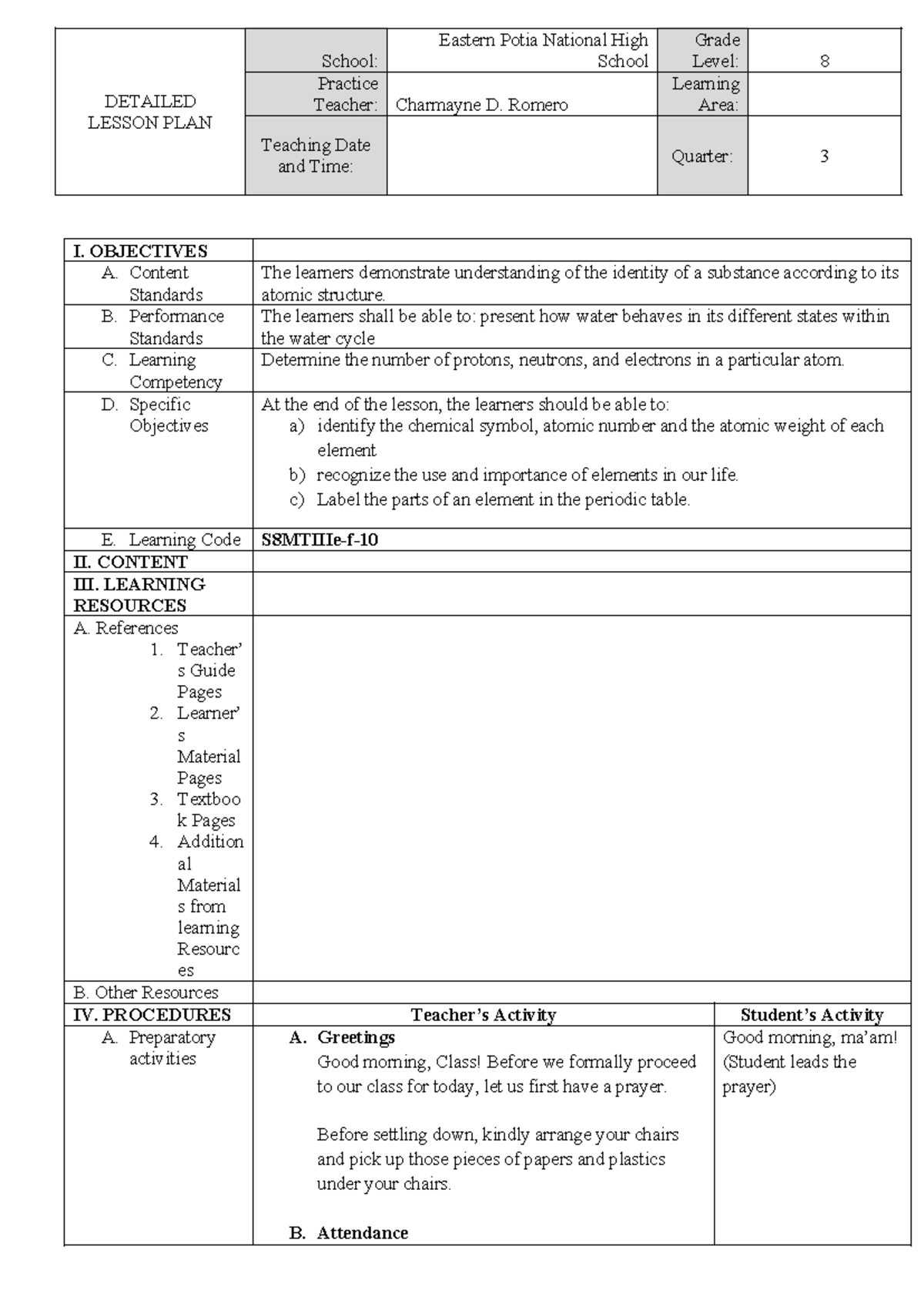 lesson plan grade 8 - I. OBJECTIVES A. Content Standards The learners ...