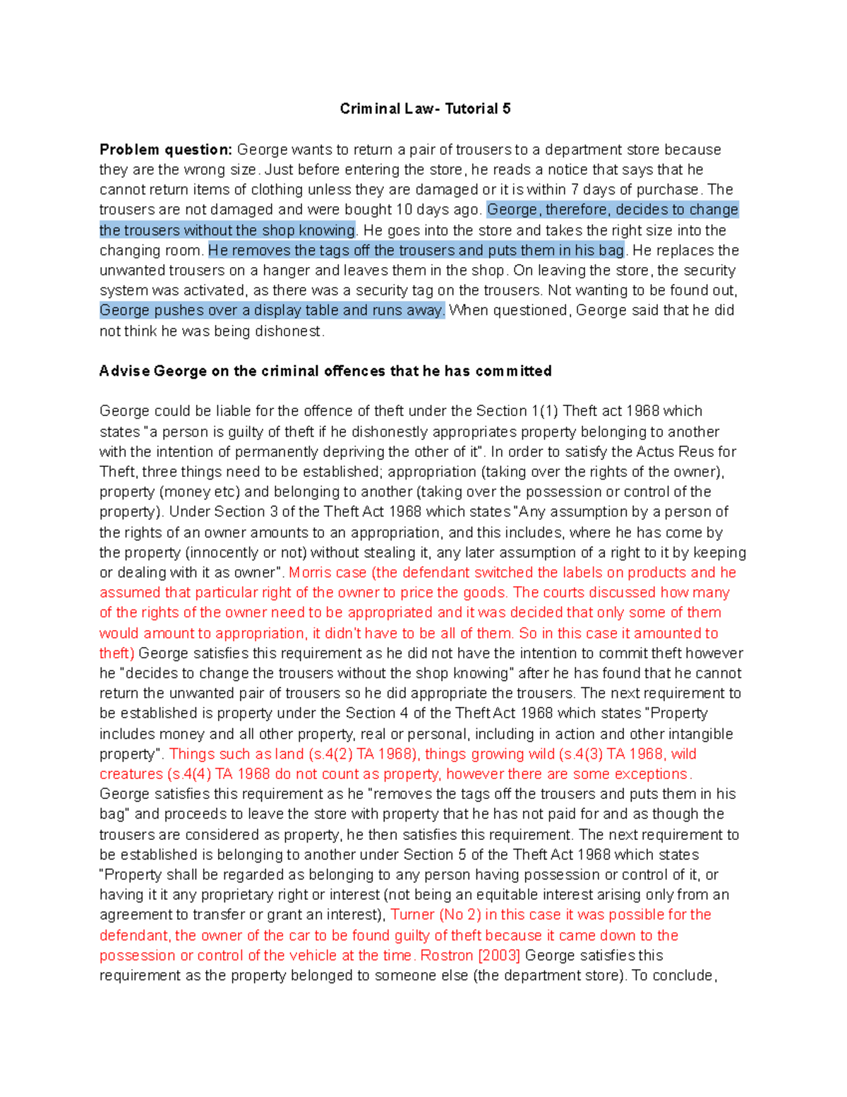 Tutorial 5- Criminal Law - Criminal Law- Tutorial 5 Problem question ...