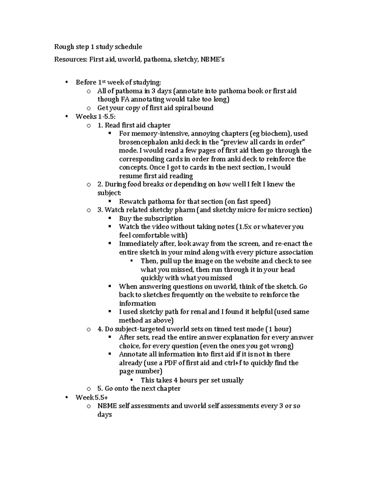 Example Schedules usmle - Rough step 1 study schedule Resources: First ...