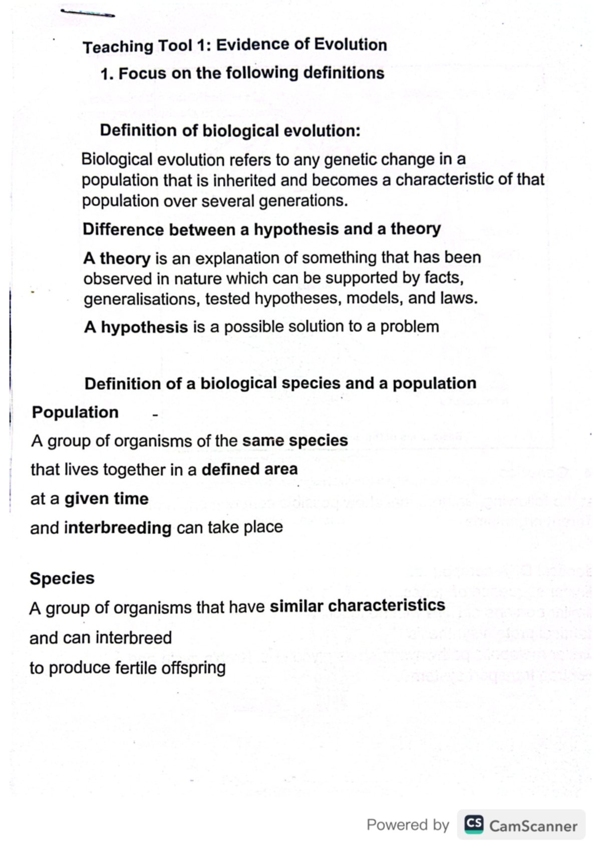 Evolution Notes - Teaching Tool 1: Evidence of Evolution 1. Focus on ...