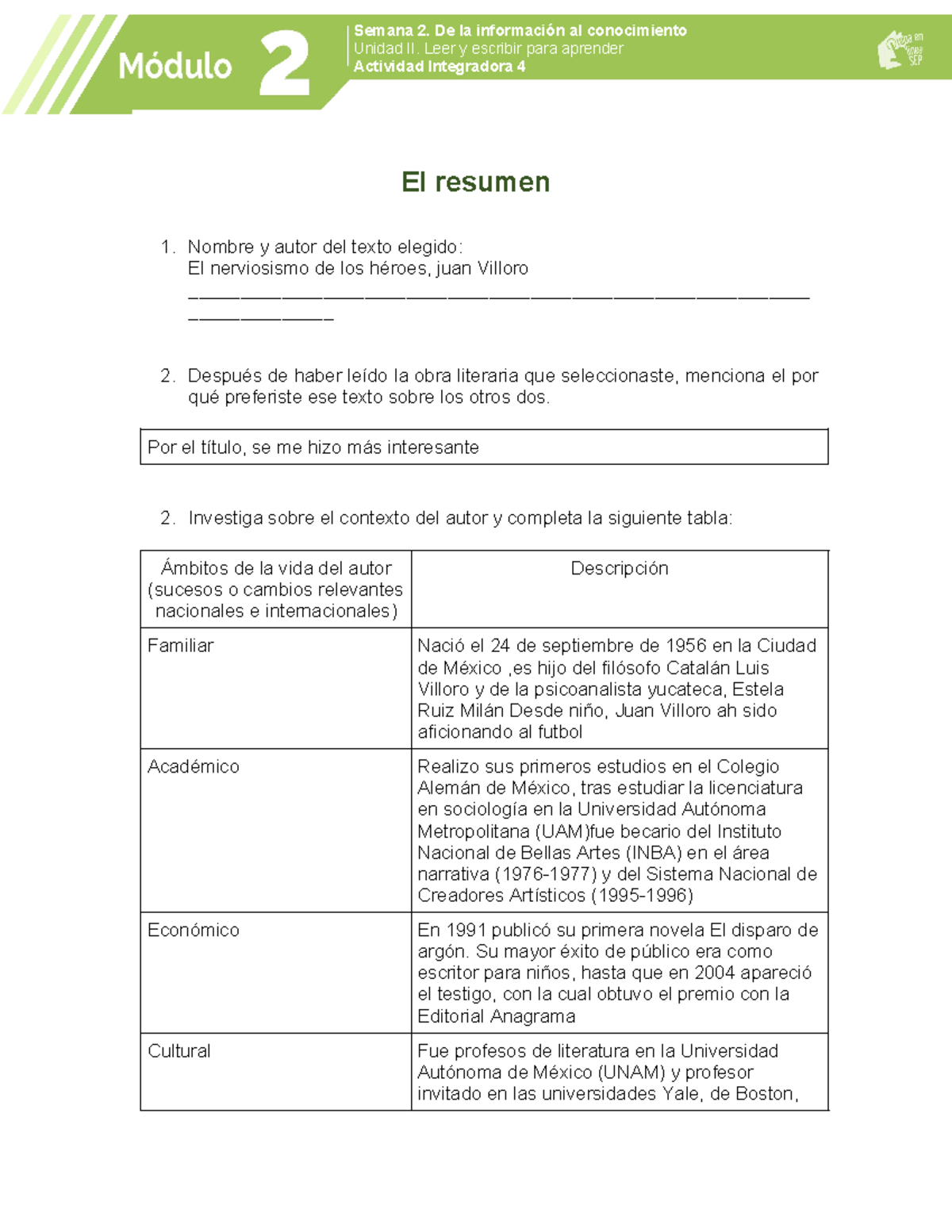 actividad 4 modulo 2 - Semana 2. De la información al conocimiento Unidad II. Leer y escribir ...