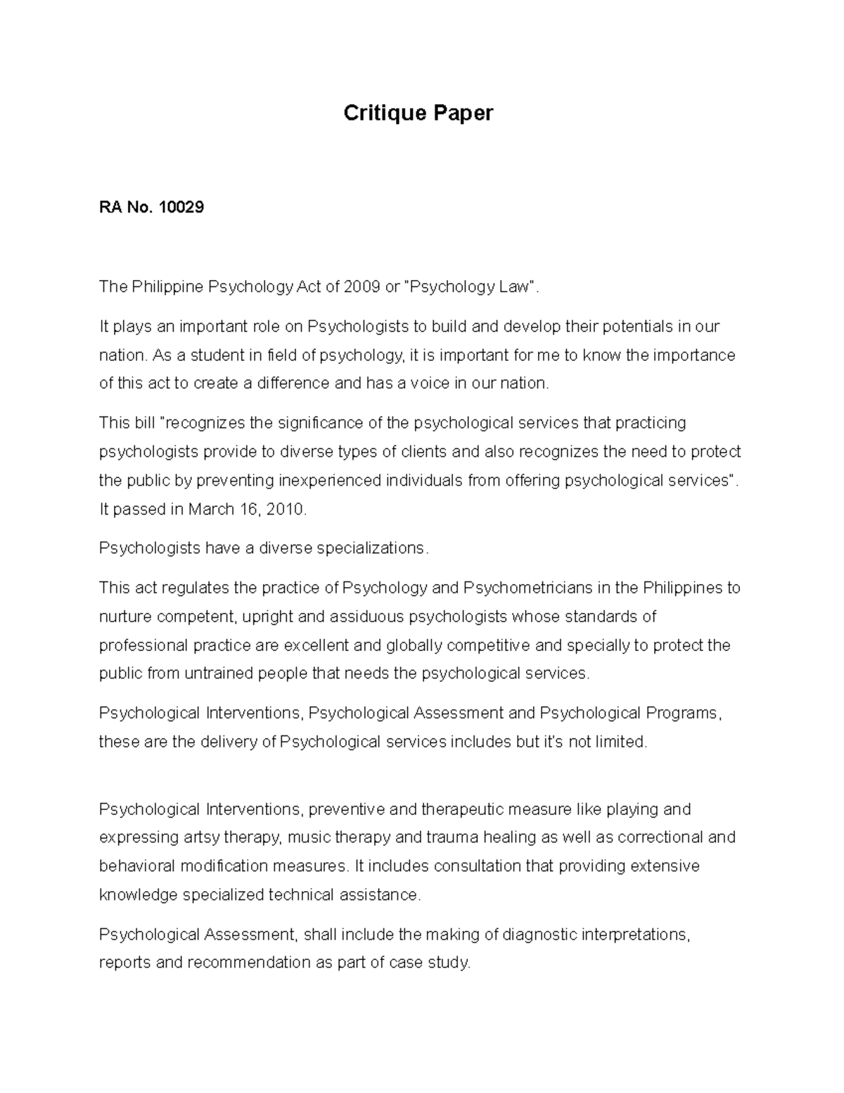 Republic Act - A short review and a critique paper - Critique Paper RA ...