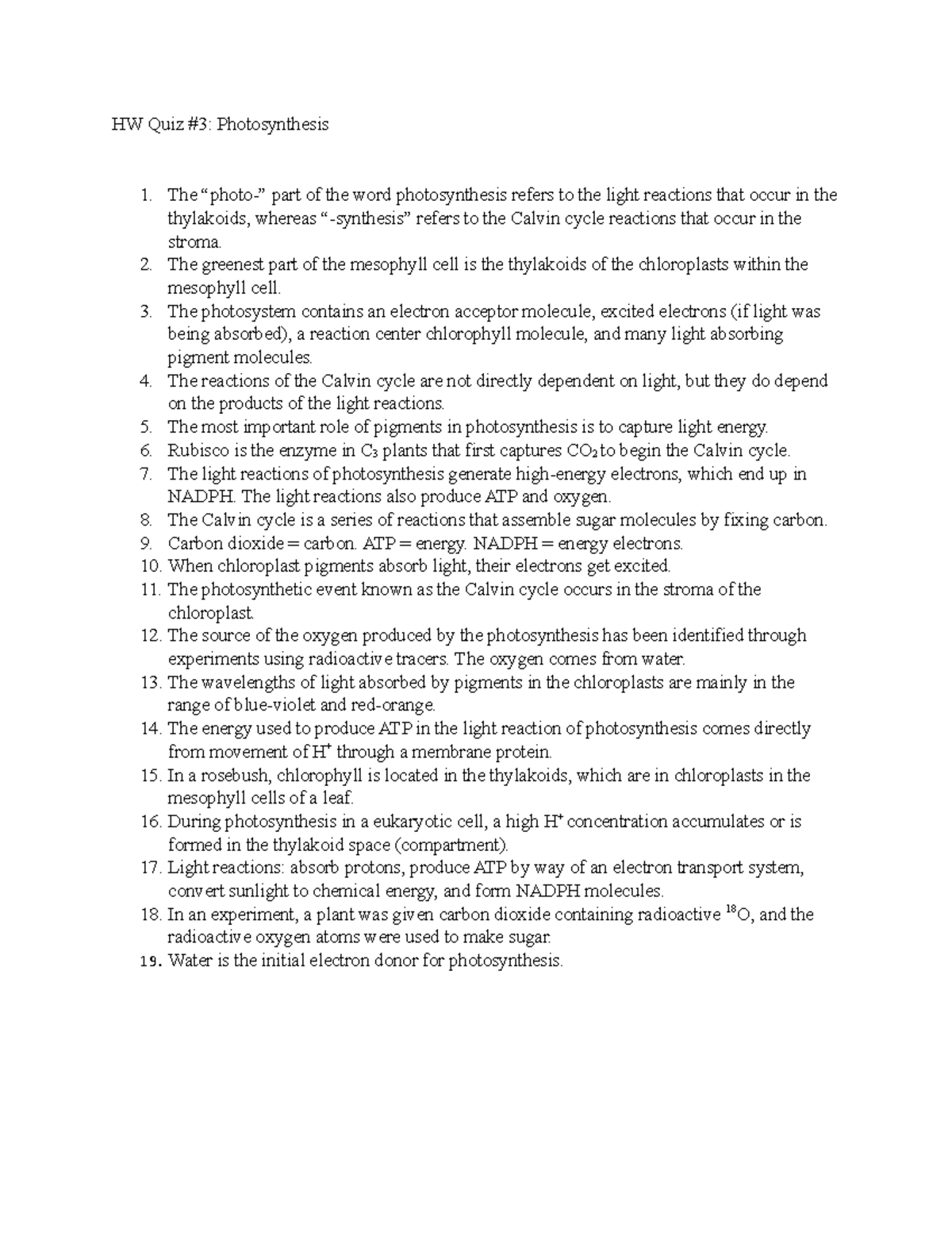 HW 3 Photosynthesis - WVU BIOL-102 (HW 3): Dr. Thomas - HW Quiz #3 ...