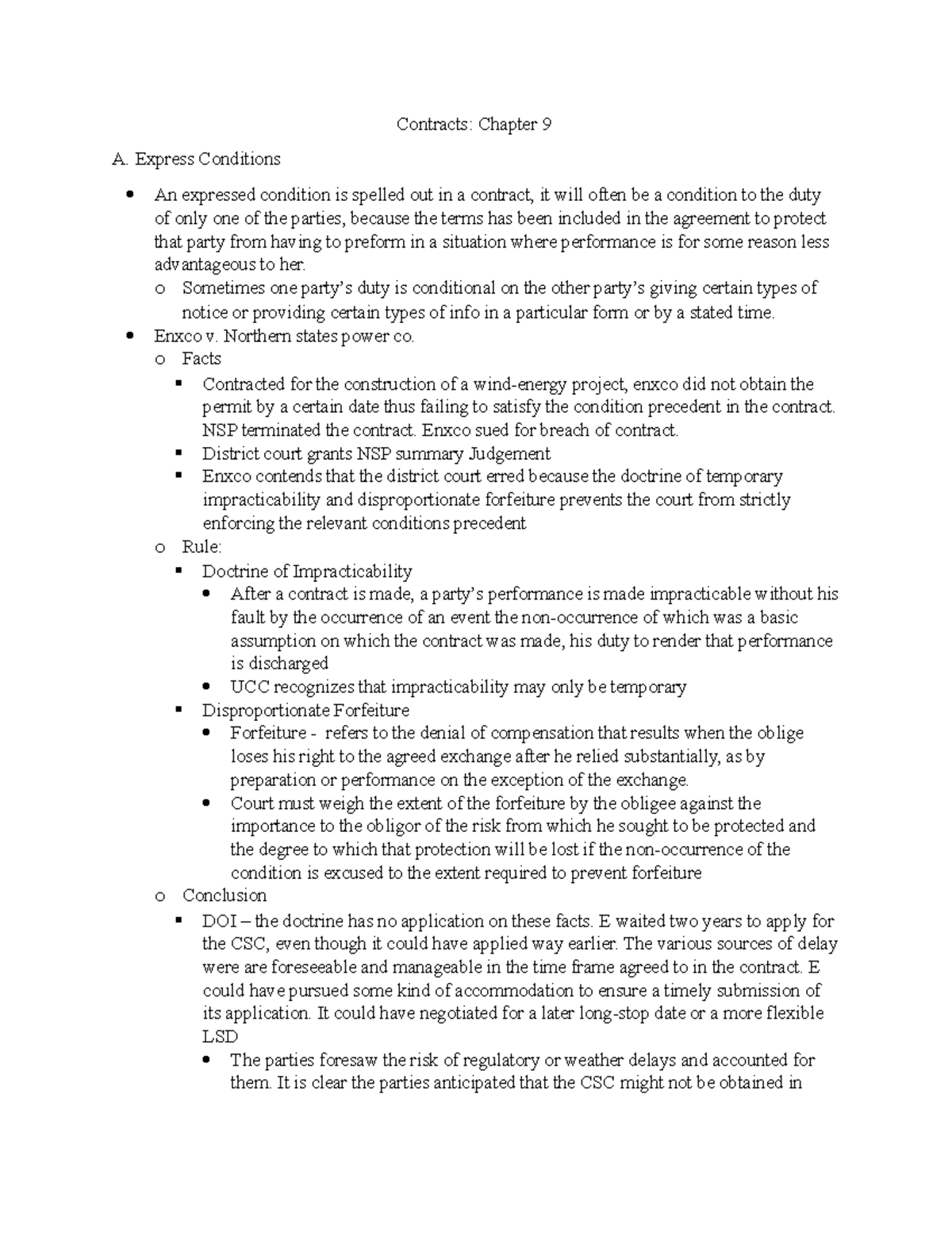 Chapter 9 - Contracts: Chapter 9 A. Express Conditions An expressed ...