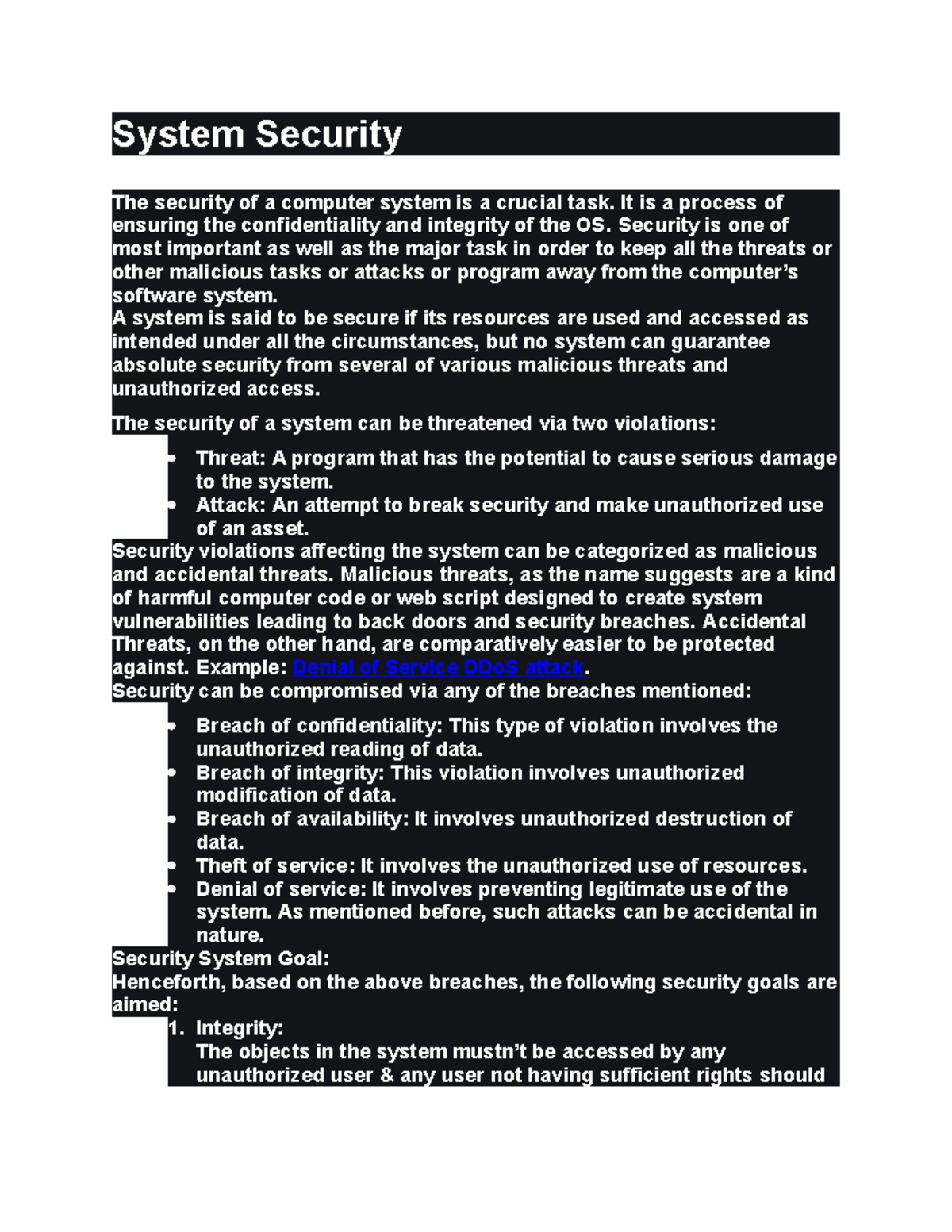 System Security CSC 314 - System Security The security of a computer ...