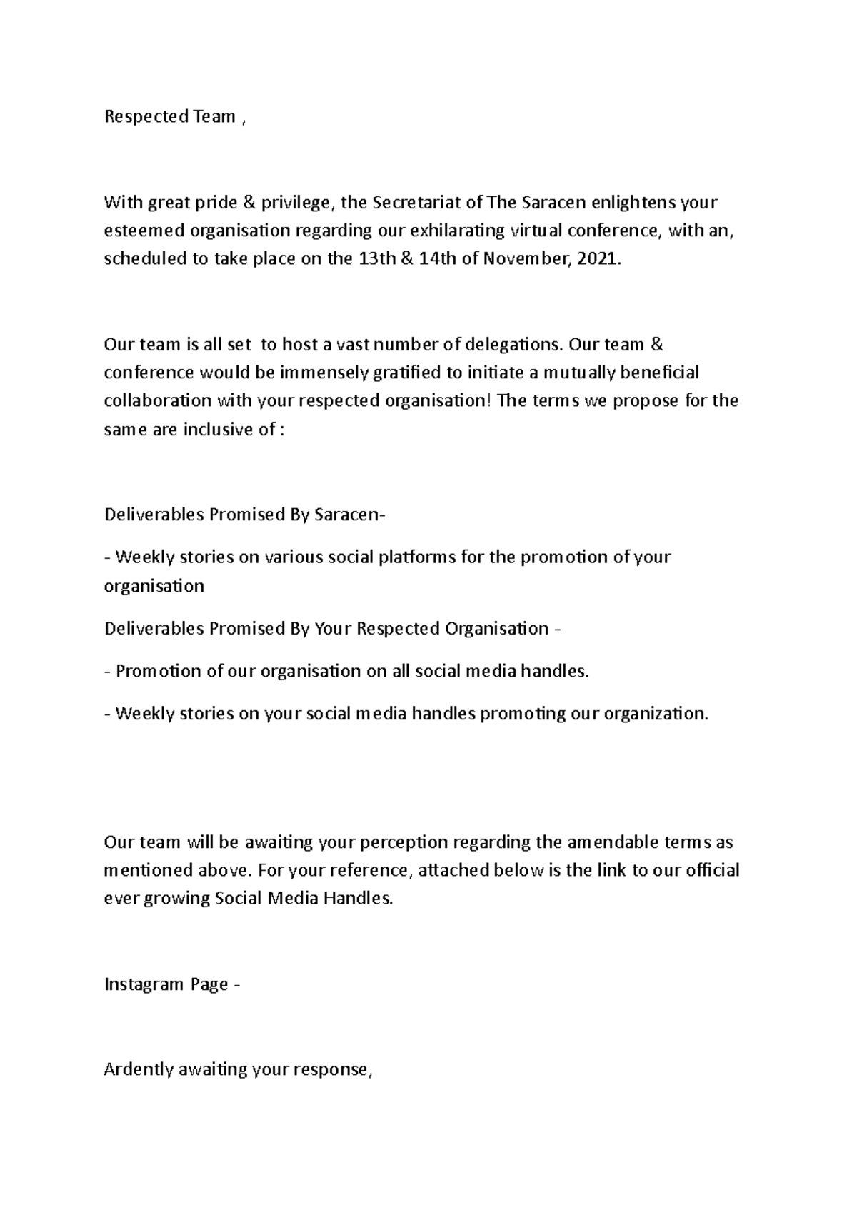 Speech - M - Respected Team , With great pride & privilege, the ...