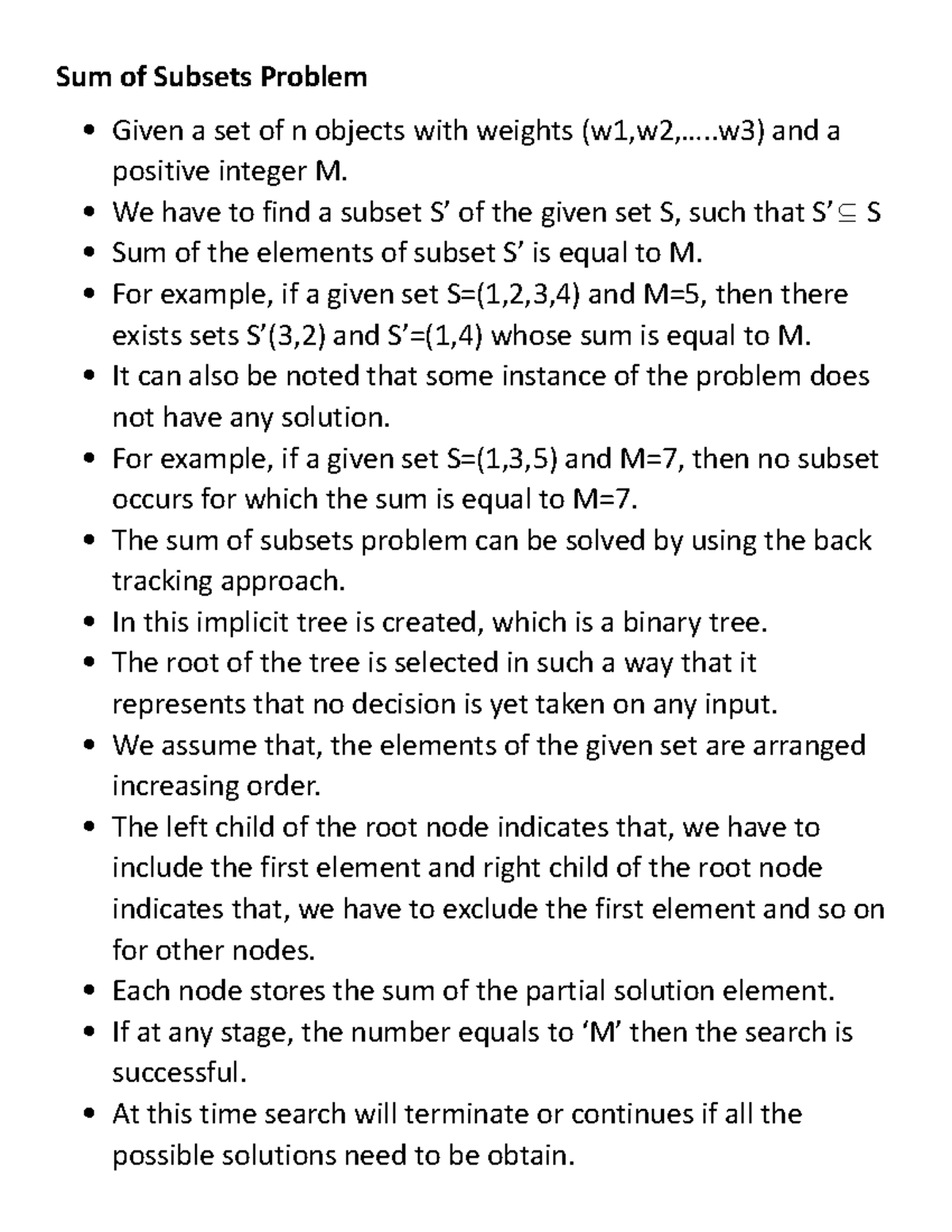 Sum Of Subsets Problems Sum Of Subsets Problem Given A Set Of N 3406