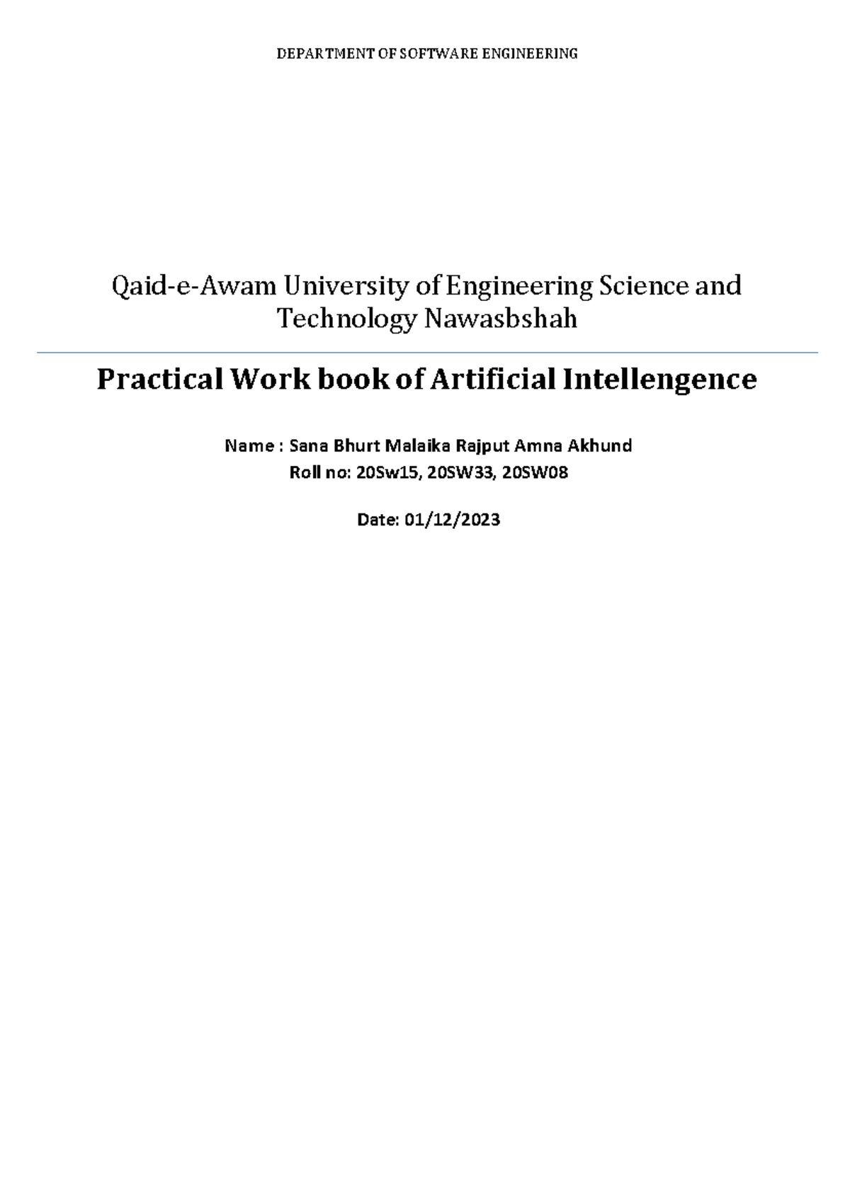 AI Lab Mannual 2015 0833 - DEPARTMENT OF SOFTWARE ENGINEERING Qaid-e-Awam University of ...