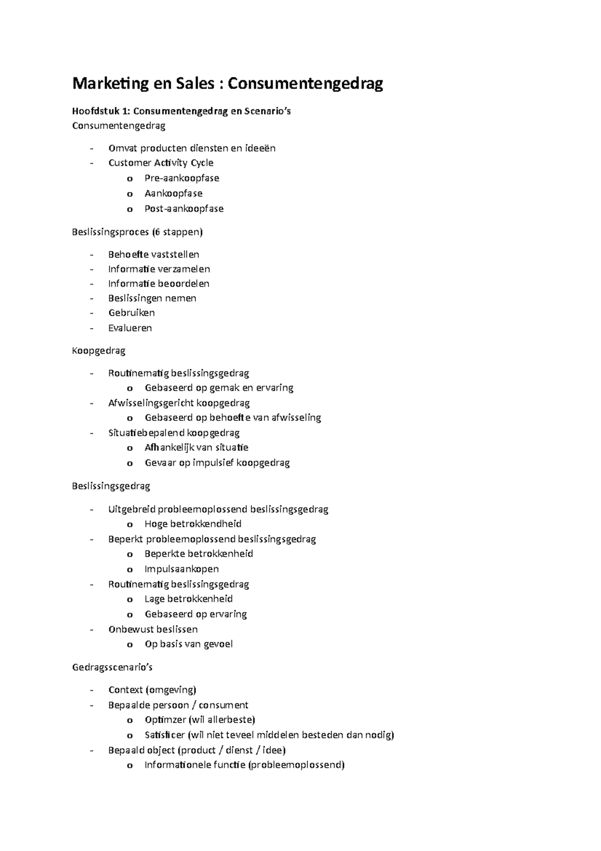 Marketing en Sales consumentengedrag - Marketing en Sales : Consumentengedrag Hoofdstuk 1 ...