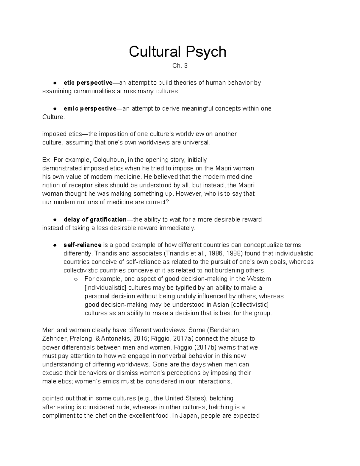 Untitled document - Ch 3 notes - Cultural Psych Ch. 3 etic perspective ...