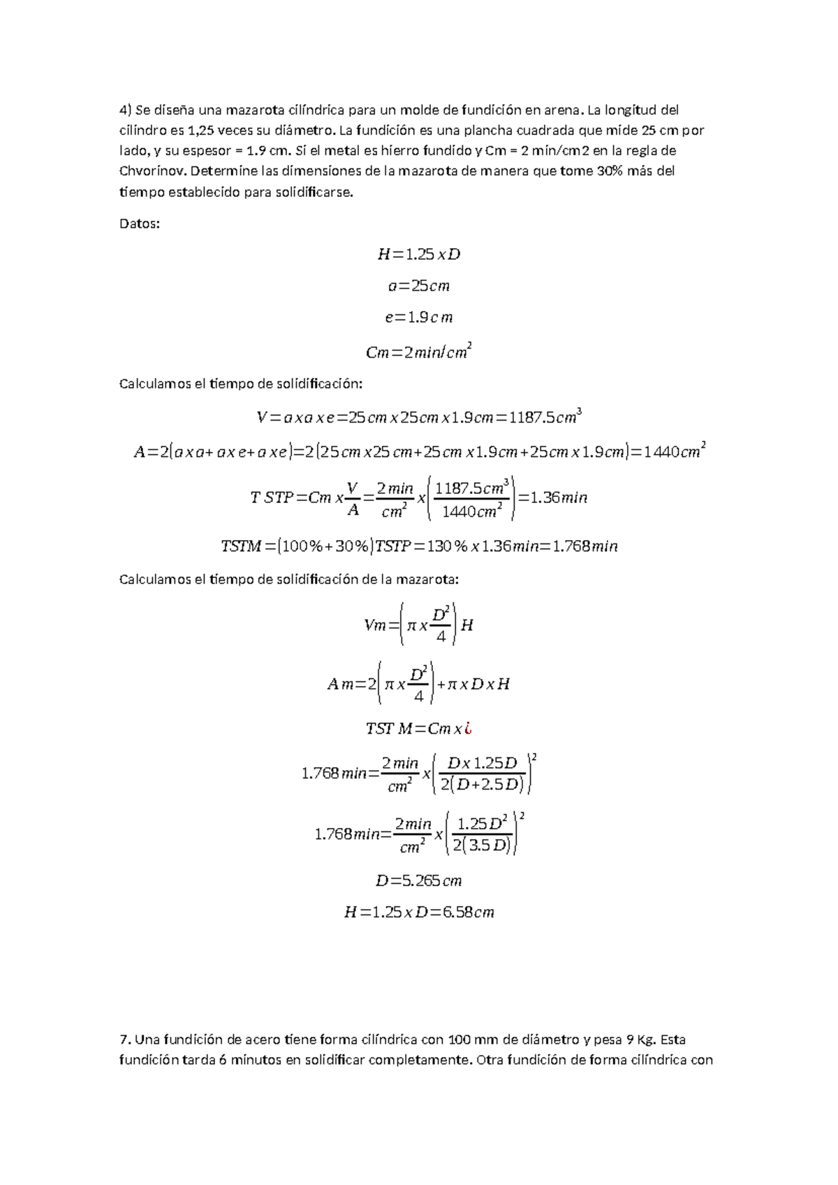 procesos de manufactura - Se diseña una mazarota cilíndrica para un ...