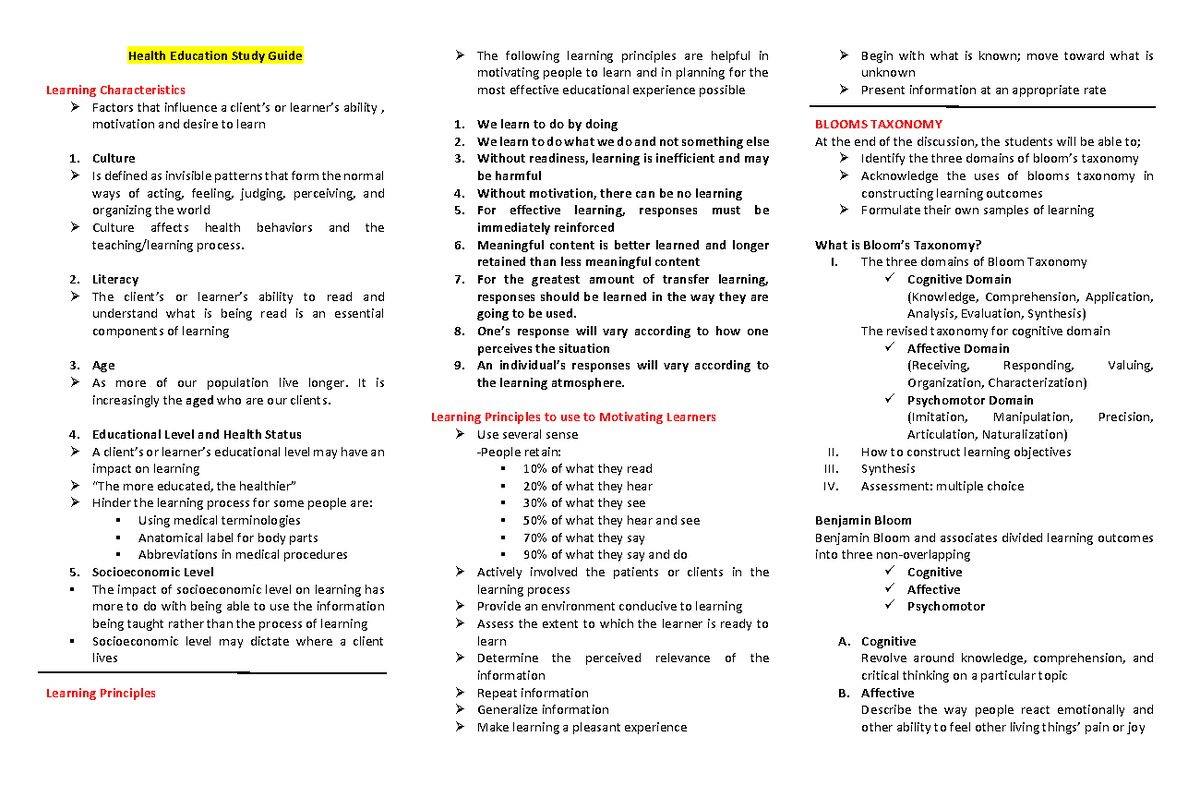 Health Assessment Study Guide - Health Education Study Guide Learning ...