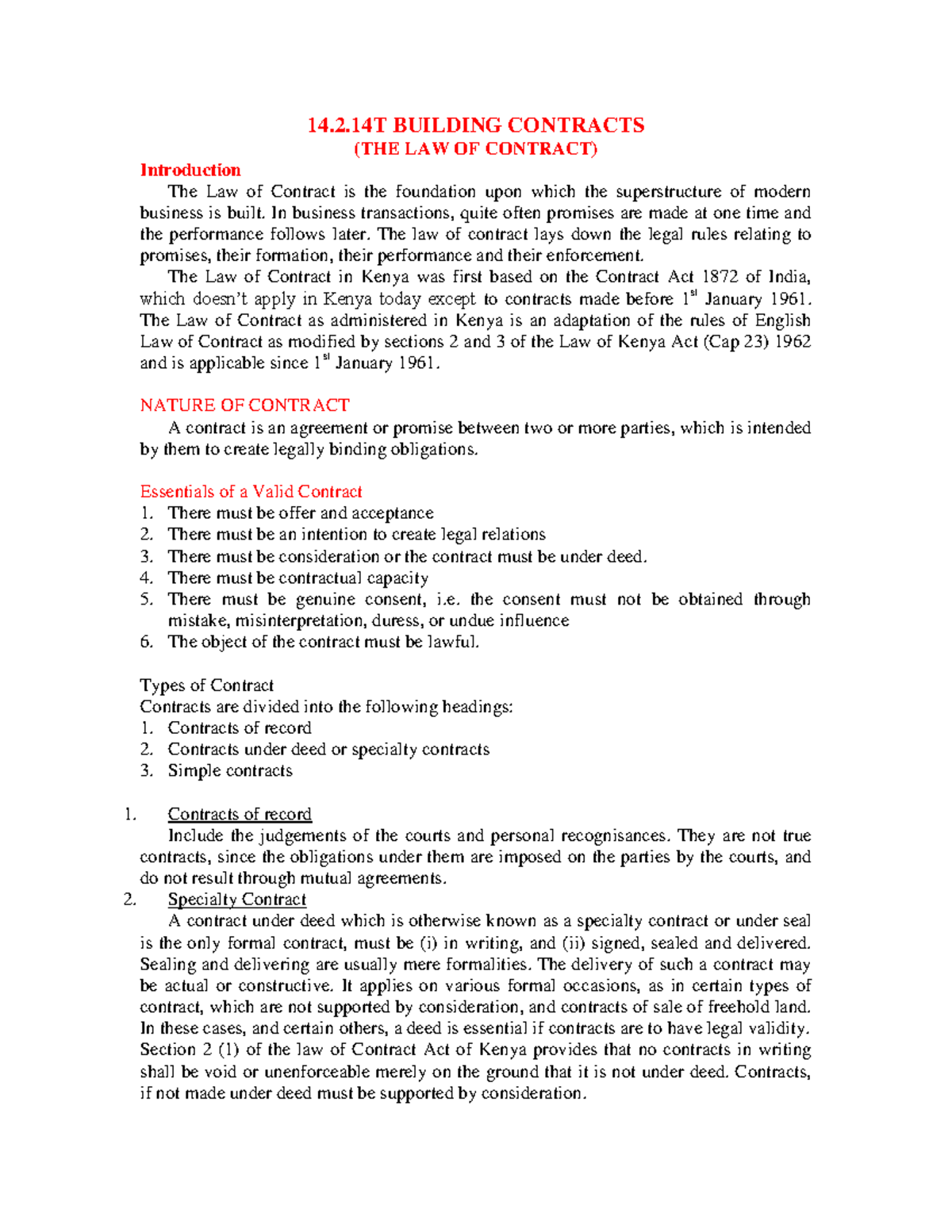 29.2.04 Contracts 2 - LAW OF Contract - 14 BUILDING CONTRACTS (THE LAW ...