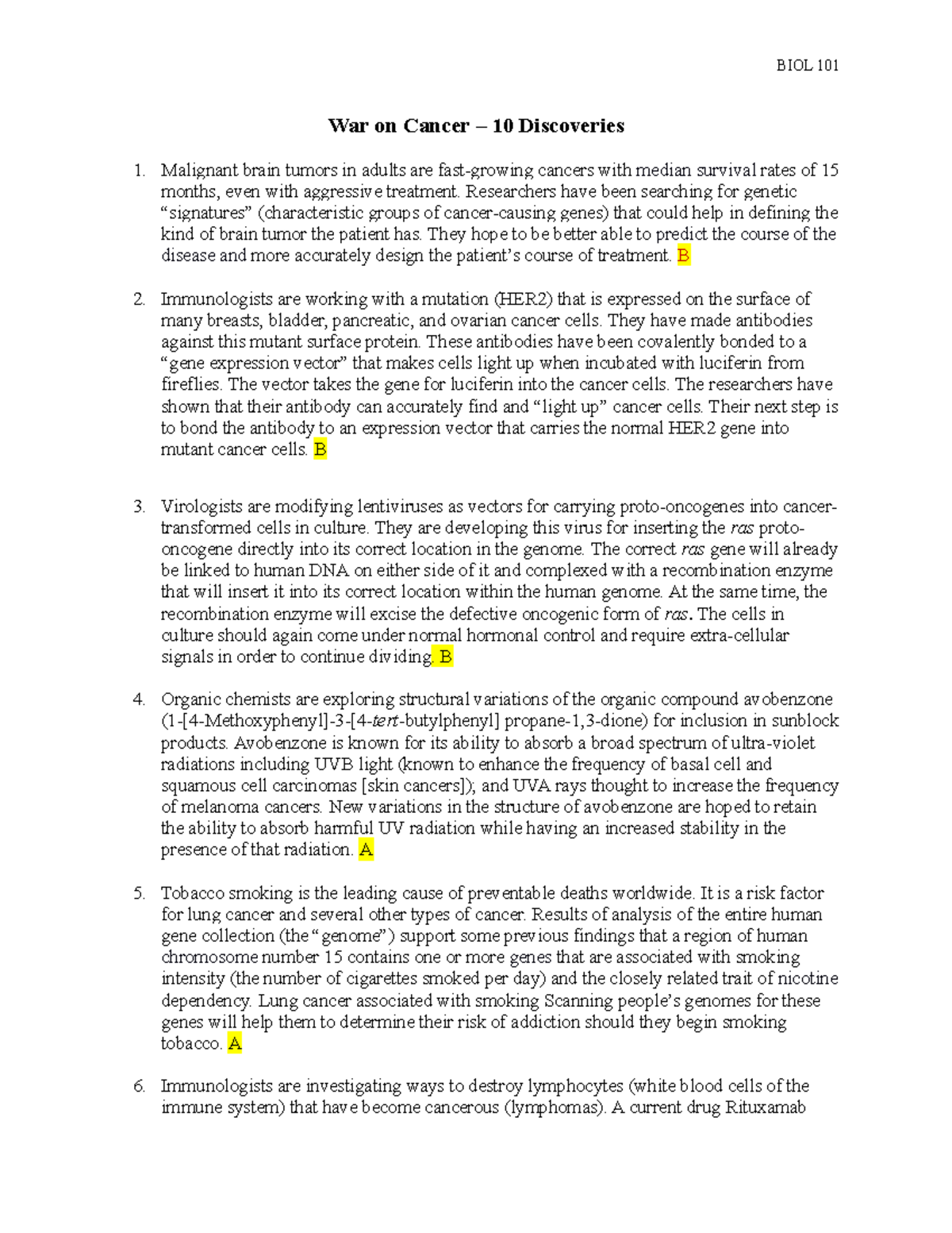 War on Cancer -10 Discoveries - BIOL 101 War on Cancer – 10 Discoveries ...