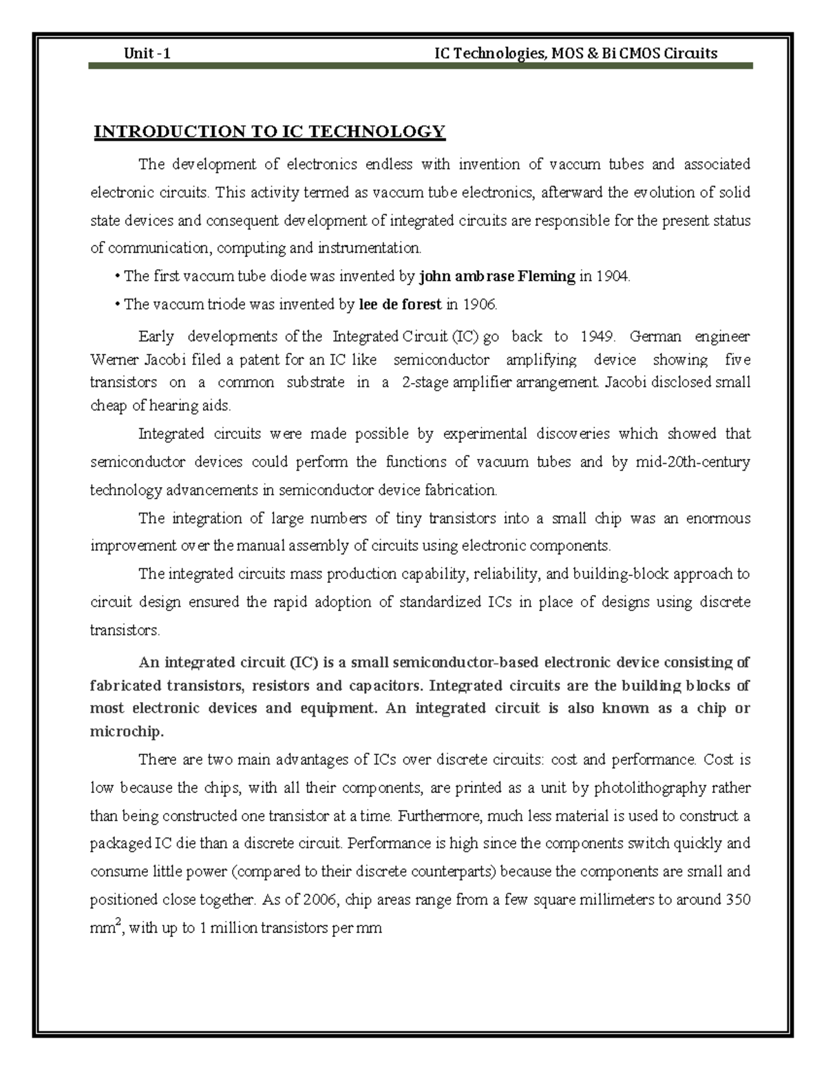 VLSI Unit - I - Unit -1 IC Technologies, MOS & Bi CMOS Circuits INTRODUCTION TO IC TECHNOLOGY ...