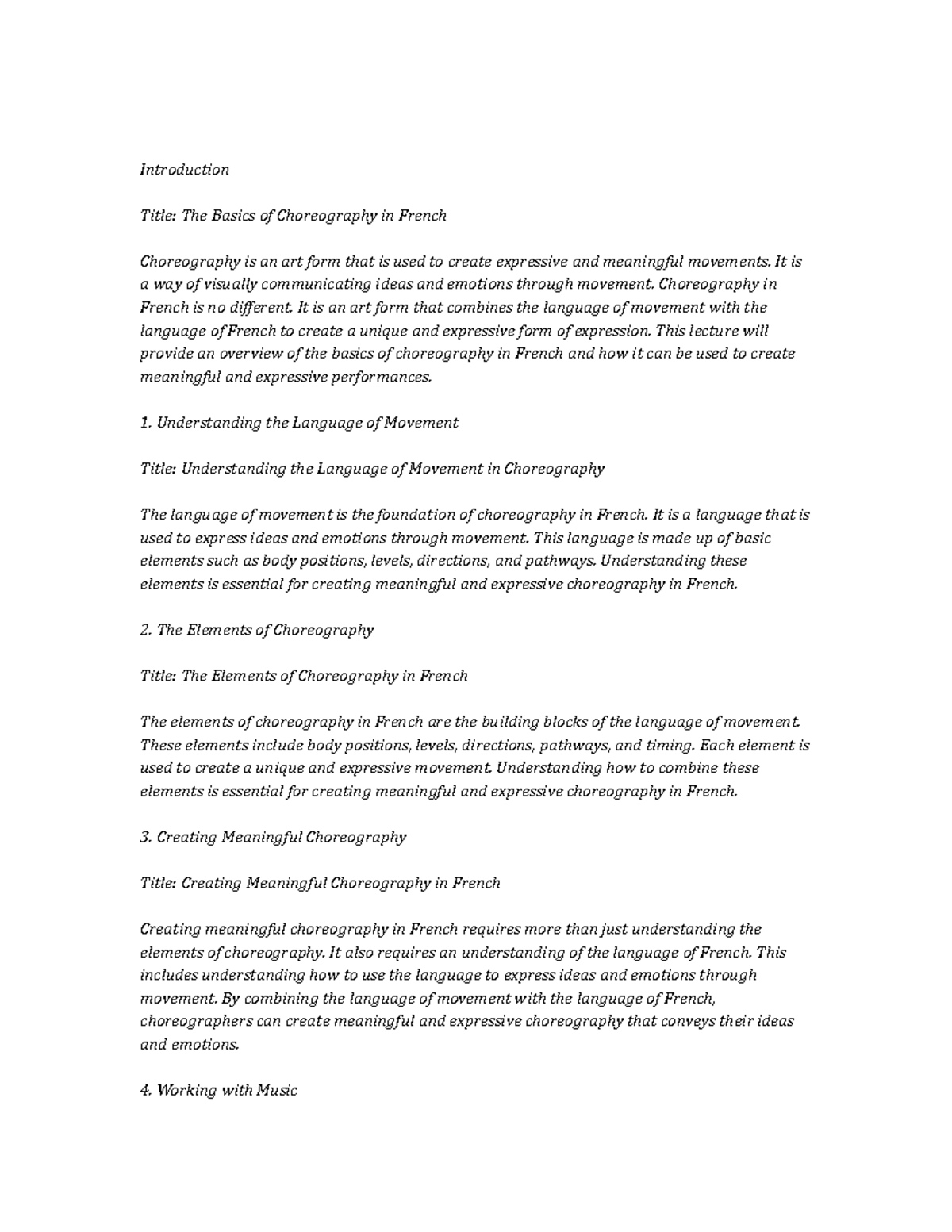 Choreography Notes de cours - Introduction Title: The Basics of ...