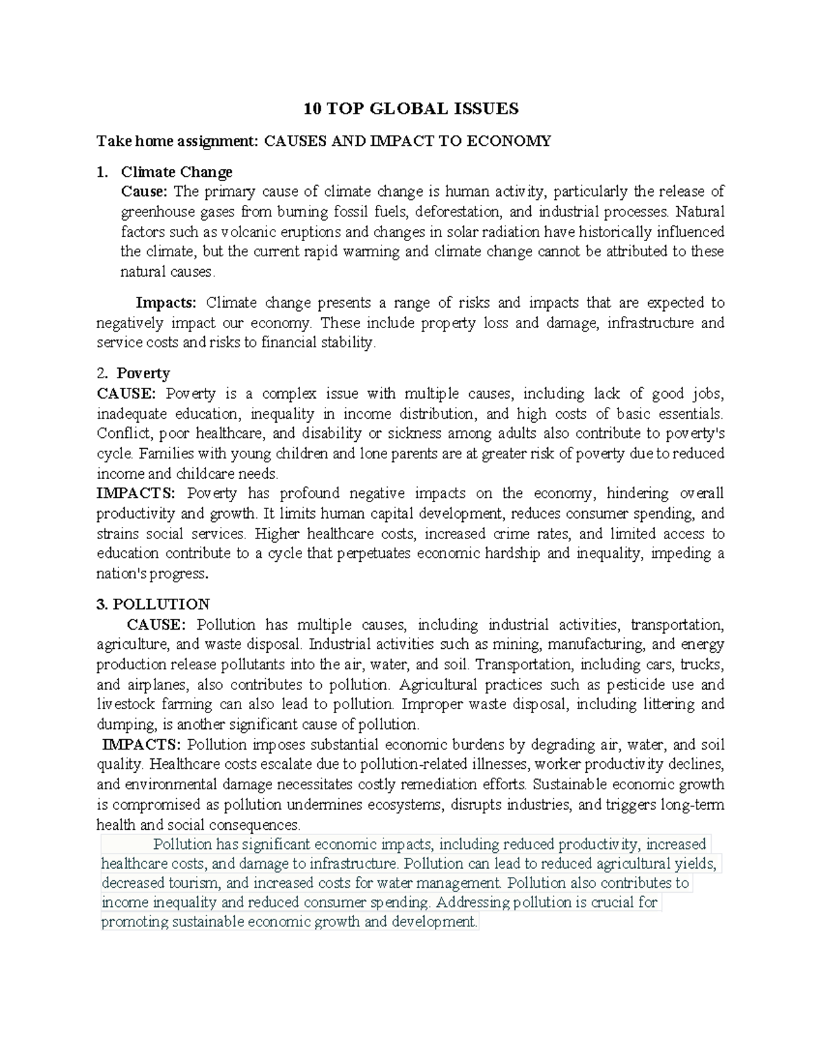 Assignment - N/A - 10 TOP GLOBAL ISSUES Take home assignment: CAUSES ...