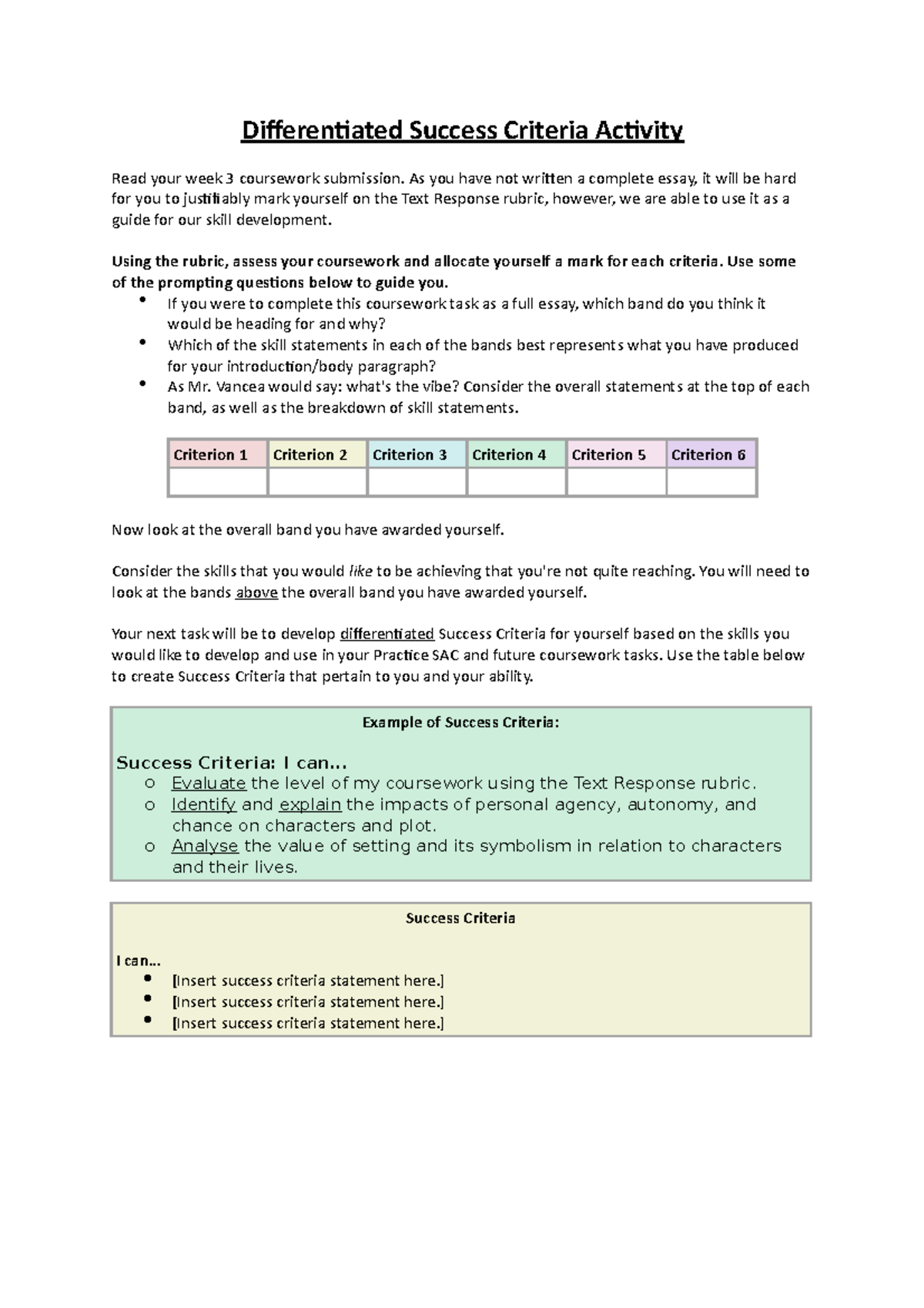 Yr 12 English U3O1 Nine Days Differentiated Success Criteria Activity ...