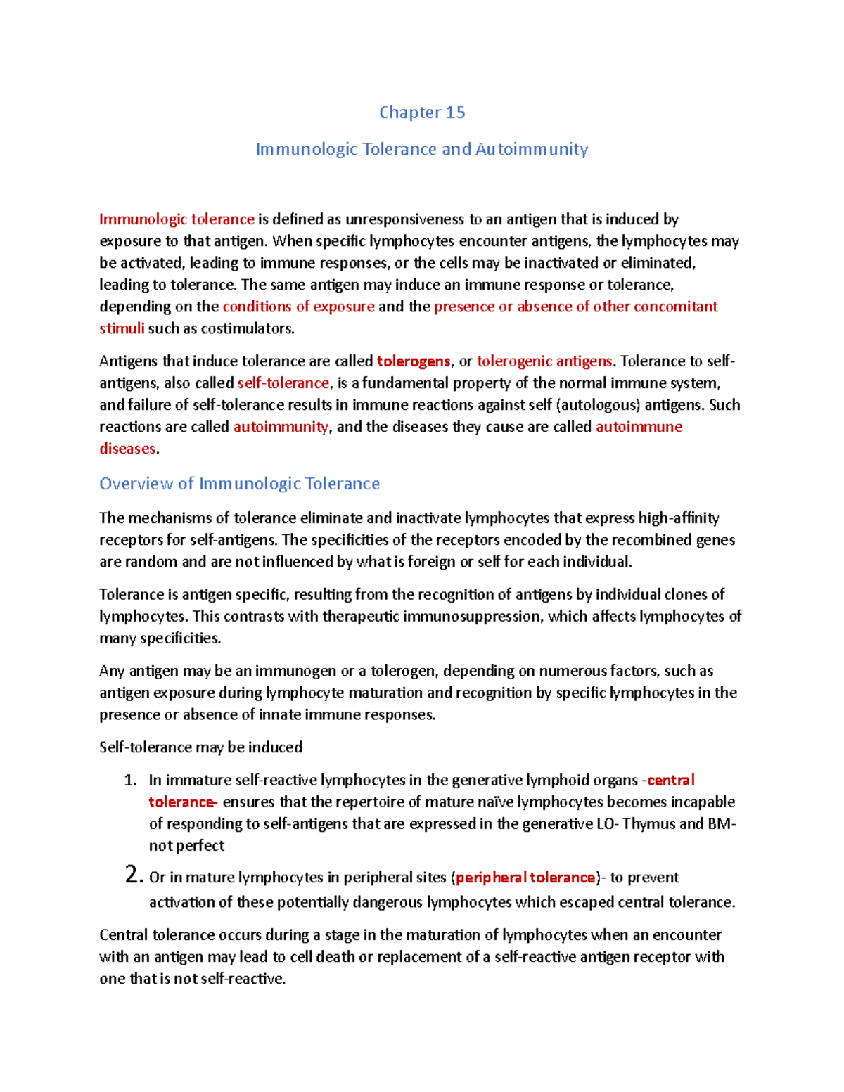 Chapter 15 synopsis - For the course immunology CBIO 6300 - Chapter 15 ...