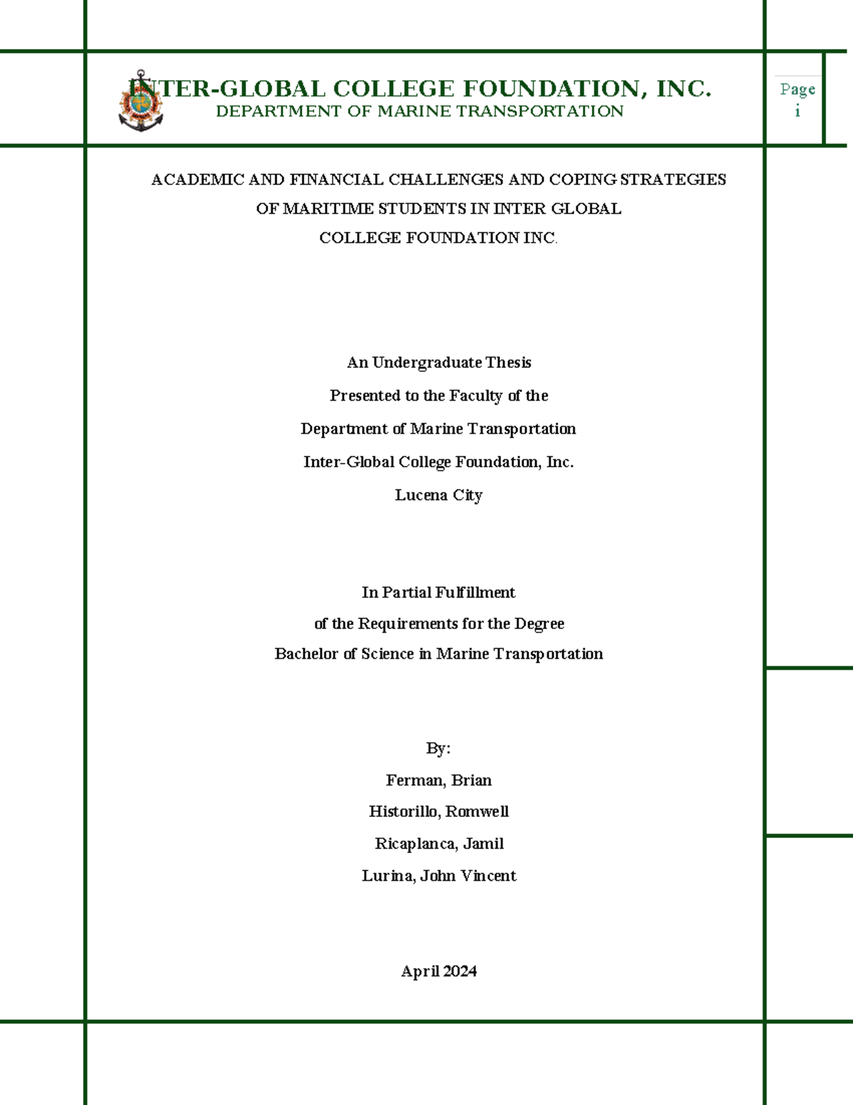 Thesis Group-7 - INTER-GLOBAL COLLEGE FOUNDATION, INC. DEPARTMENT OF ...