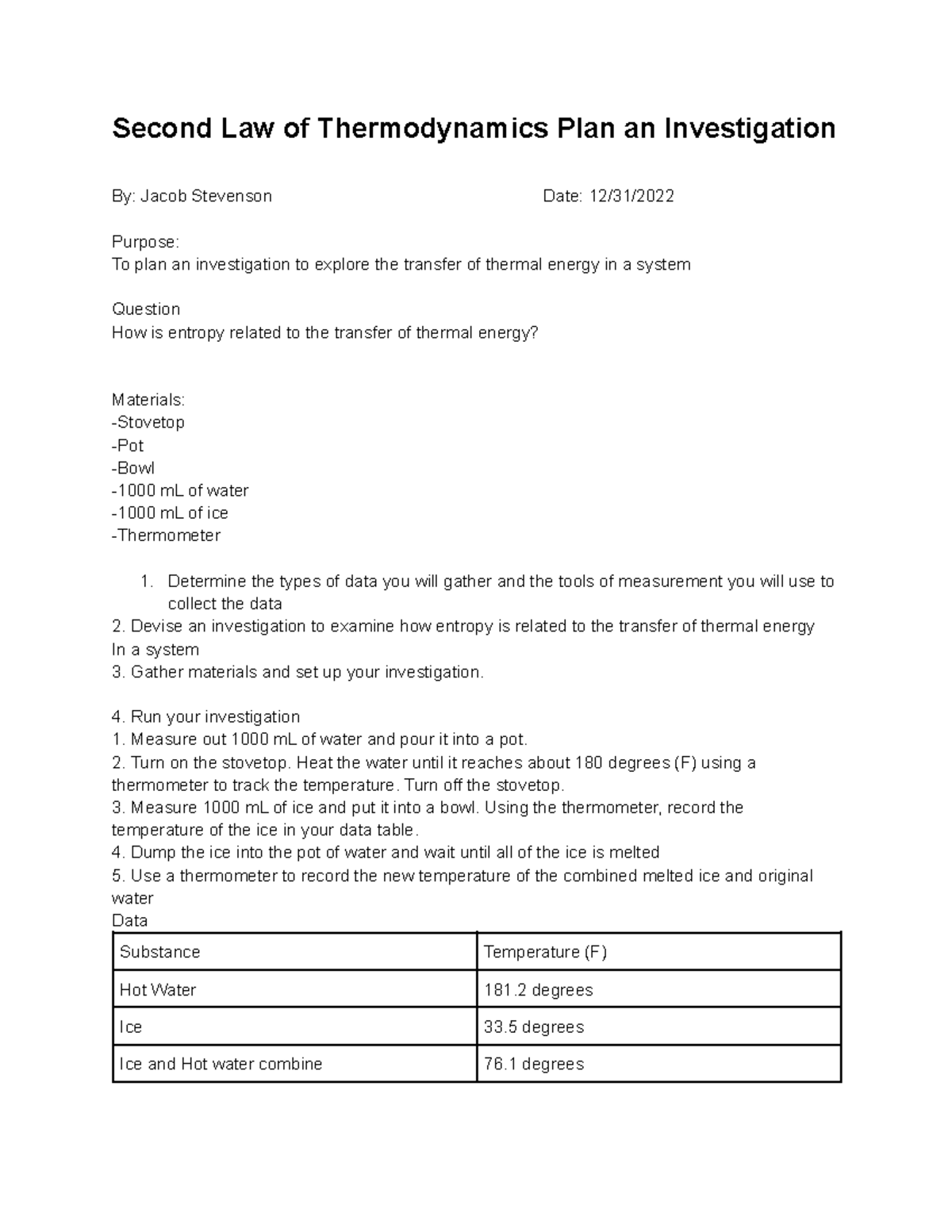 Second Law of Thermodynamics Plan an Investigation - Run your ...