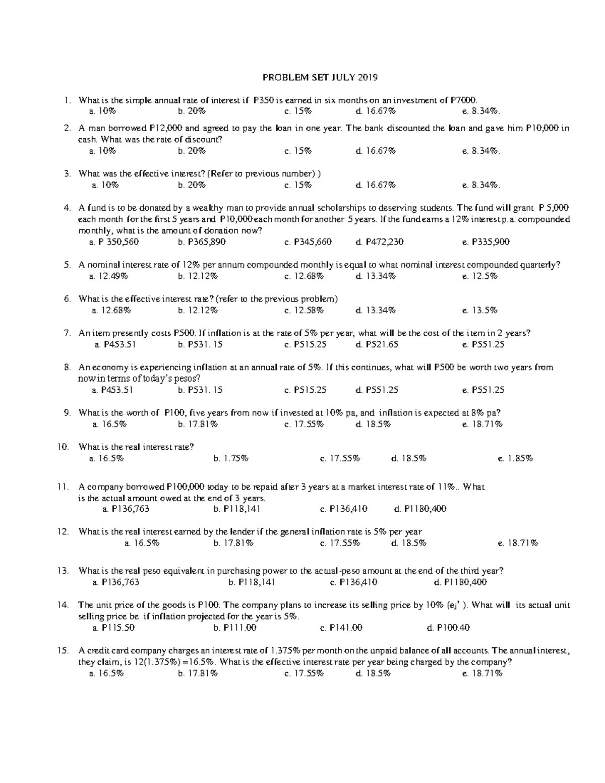 Problem SET JULY 2019 - PROBLEM SET JULY 2019 What is the simple annual ...