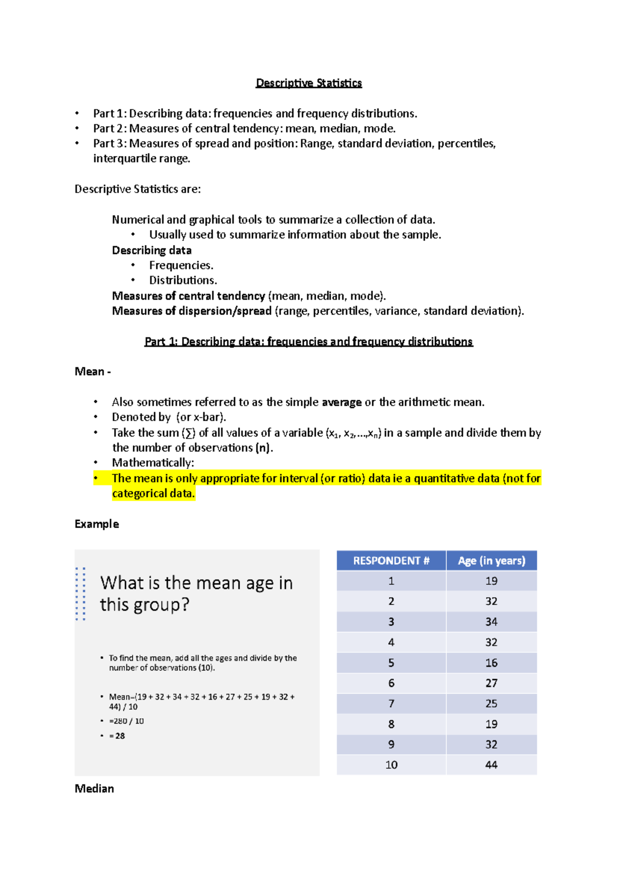 1.Descriptive Statistics - Part 2: Measures of central tendency: mean ...