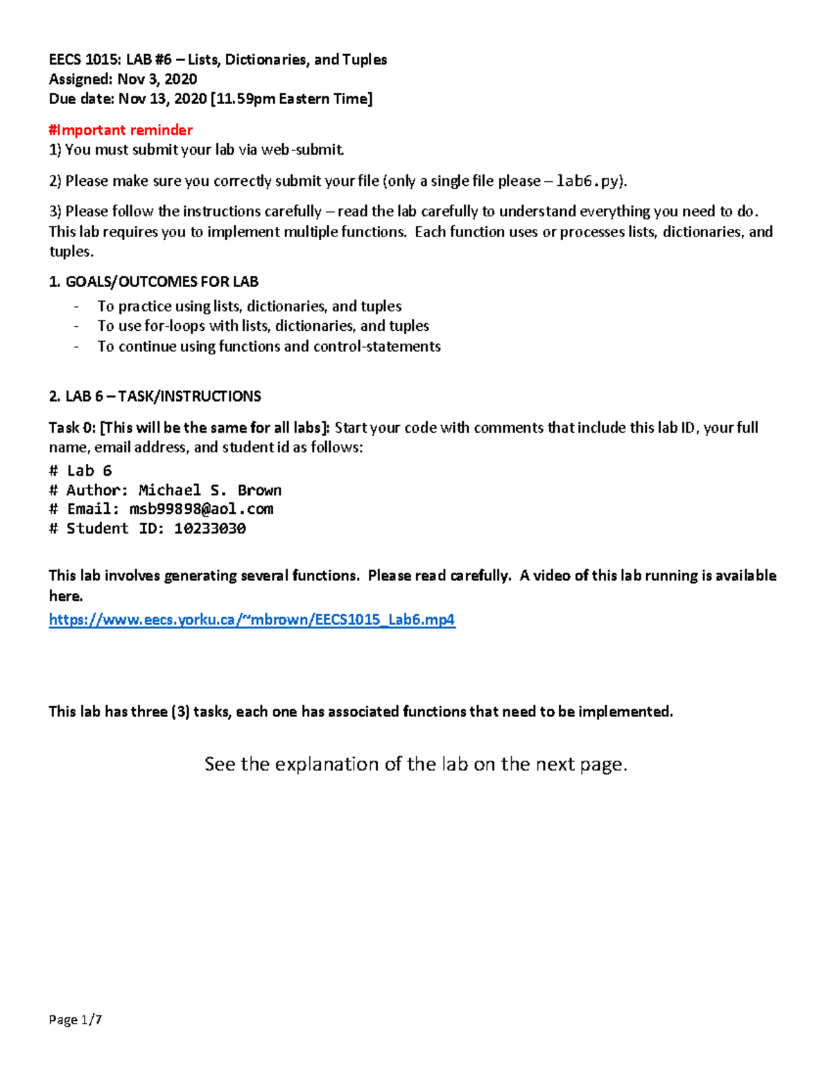 Lab6 - practice - EECS 1015: LAB #6 – Lists, Dictionaries, and Tuples Assigned: Nov 3, 2020 Due ...