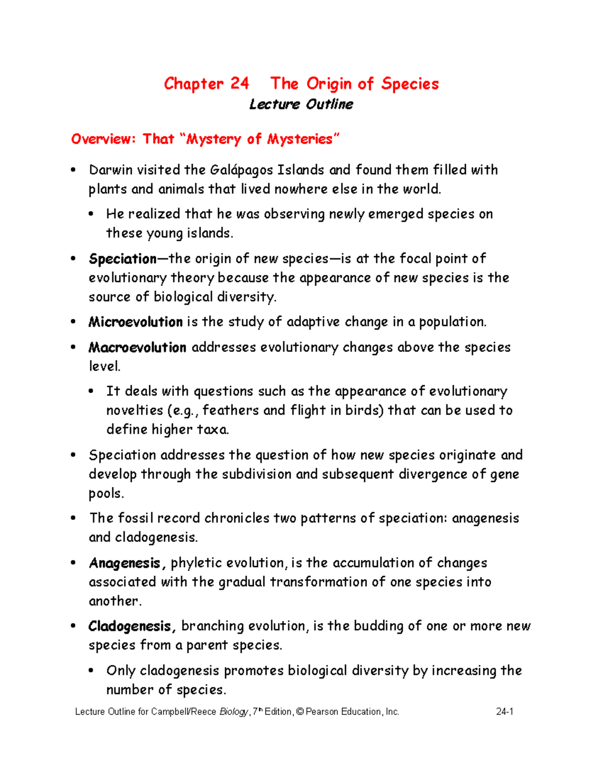 Chapter 24 - Origin of Species - Chapter 24 The Origin of Species Lecture Outline Overview: That ...