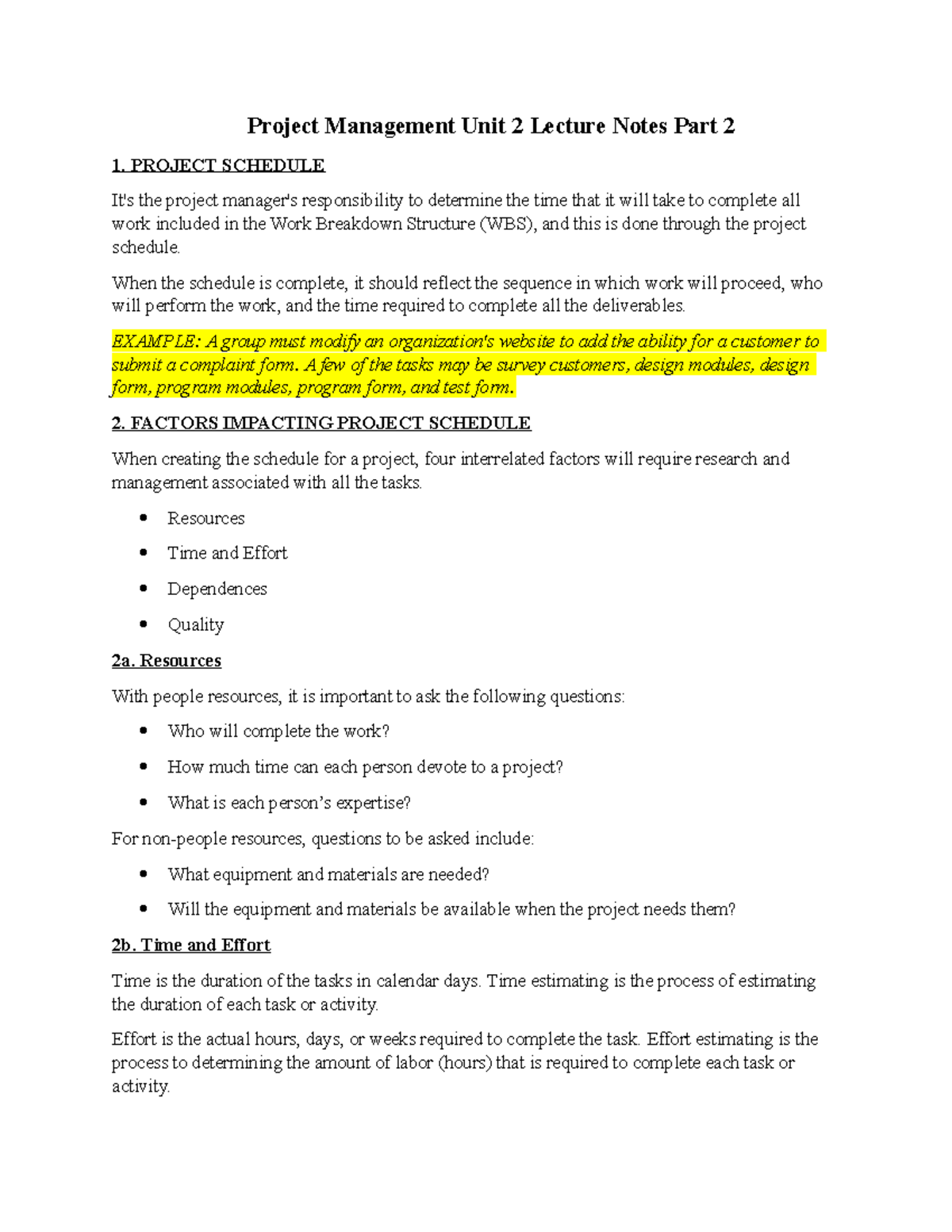 Project Management Unit 2 Lecture Notes Part 2 - PROJECT SCHEDULE It's ...