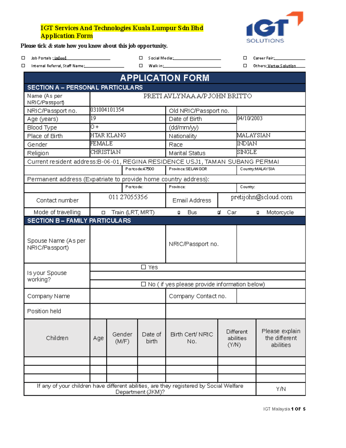 Application Form - IGT Solutions - IGT Services And Technologies Kuala ...