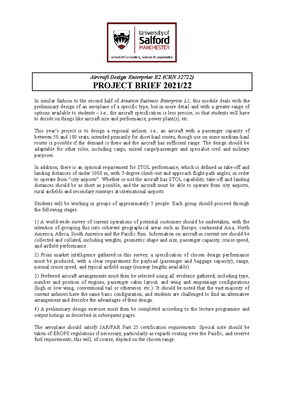 32722 ADE E2 Project Brief 2021-22 - Aircraft Design Enterprise E2 (CRN ...