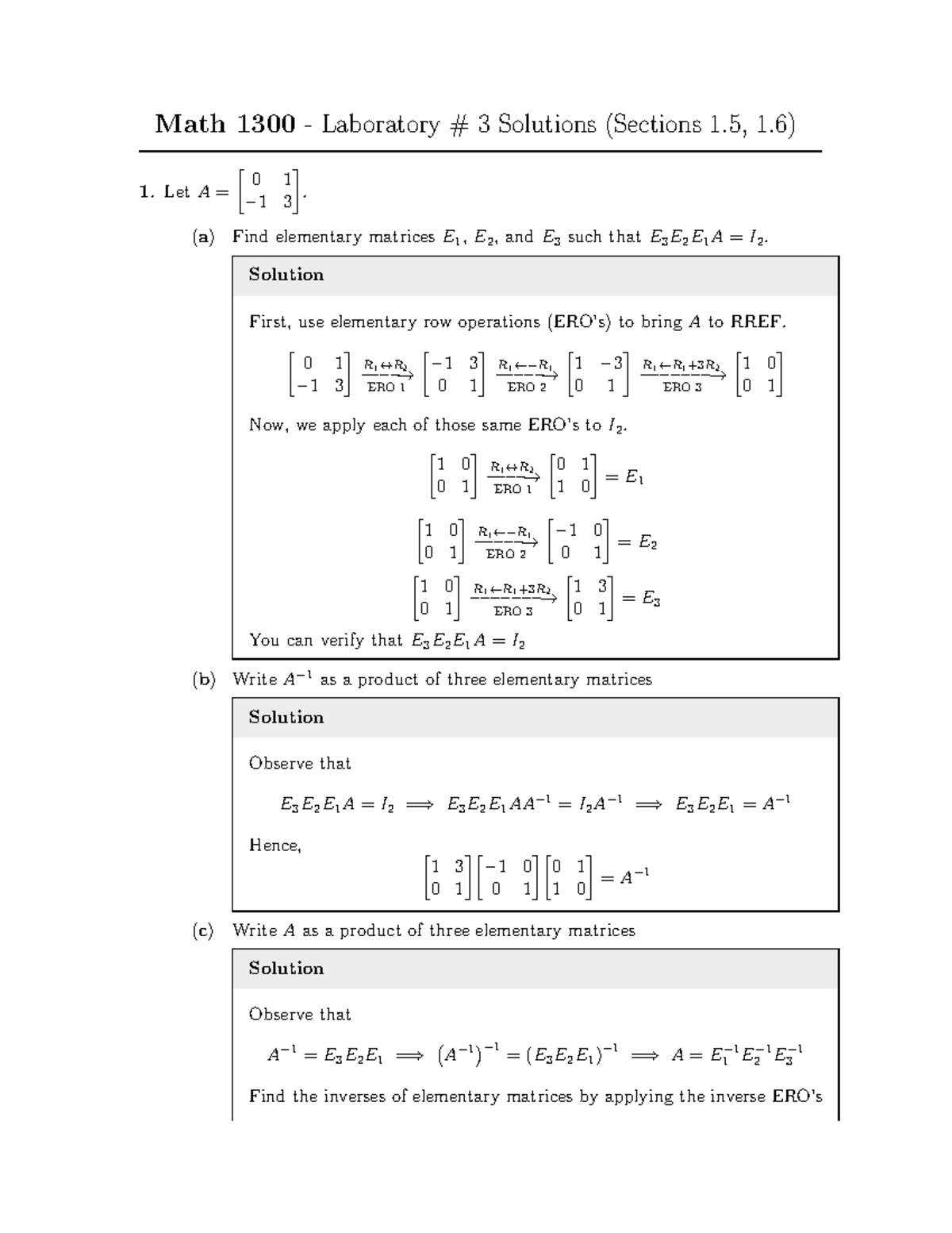 Math 1300 Lab 3 Solution Math 1300 Laboratory 3 Solutions