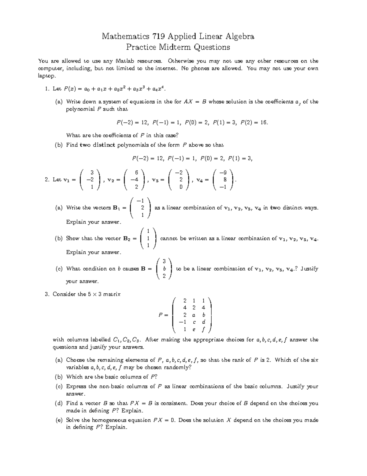 MTH719Practice Midterm Questions - Mathematics 719 Applied Linear Algebra Practice Midterm ...