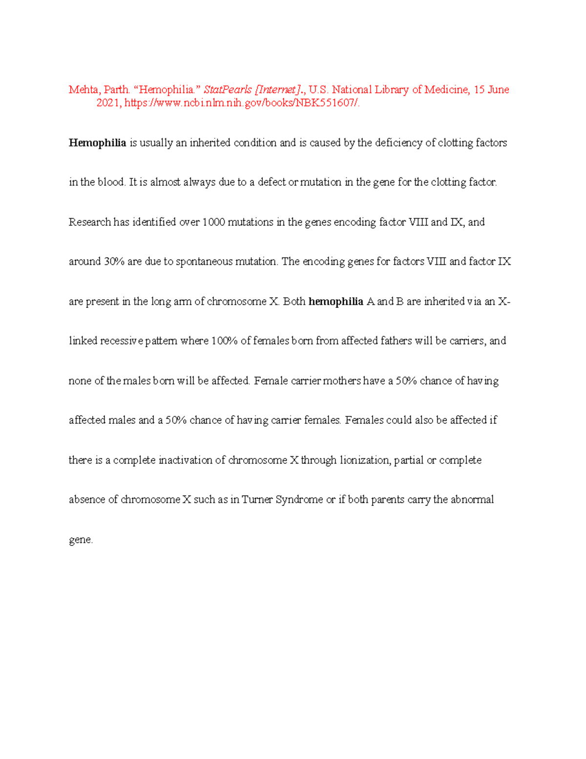 Hemophilia - x linked recessive - Mehta, Parth. “Hemophilia ...