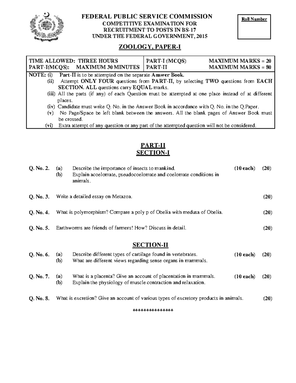 css paper of Zoology - 2010 Zoology - 2015 - TIME ALLOWED: THREE HOURS ...