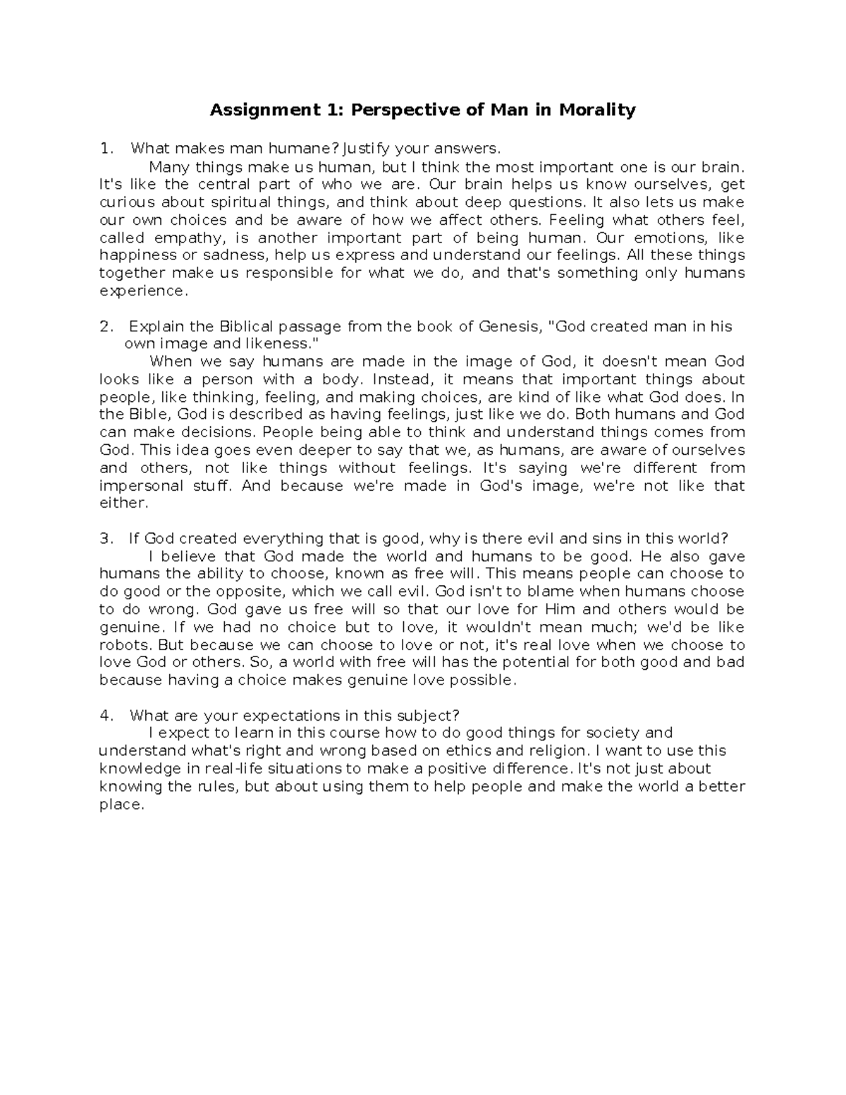 Assignment 1 - Perspective of Man in Morality - What makes man humane ...
