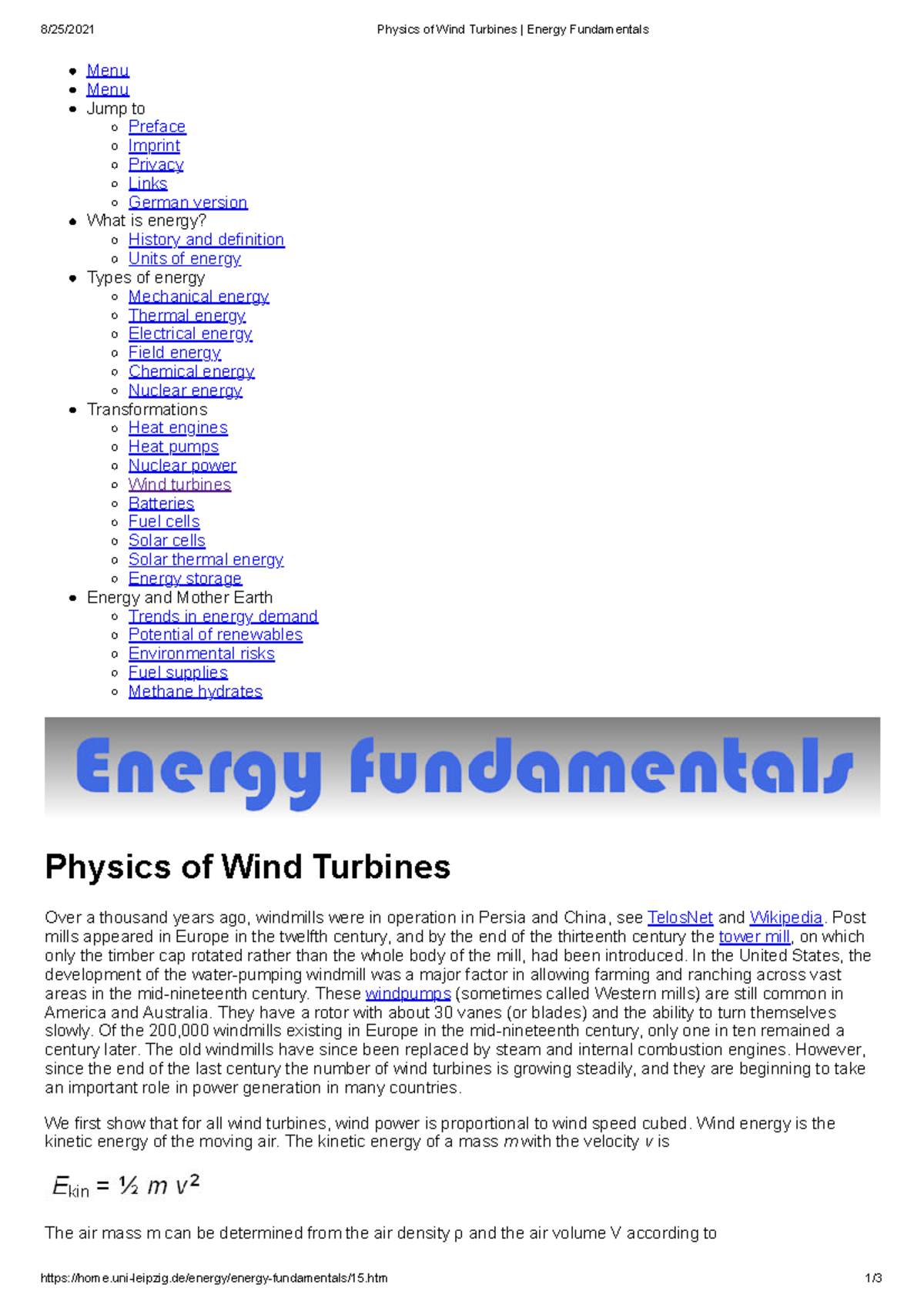 Physics of Wind Turbines Energy Fundamentals - 8/25/2021 Physics of ...