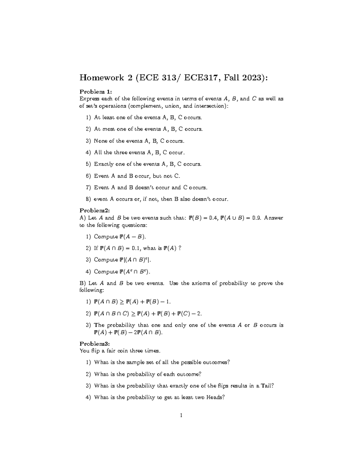 Homework Two Probabilities - Homework 2 (ECE 313/ ECE317, Fall 2023 ...