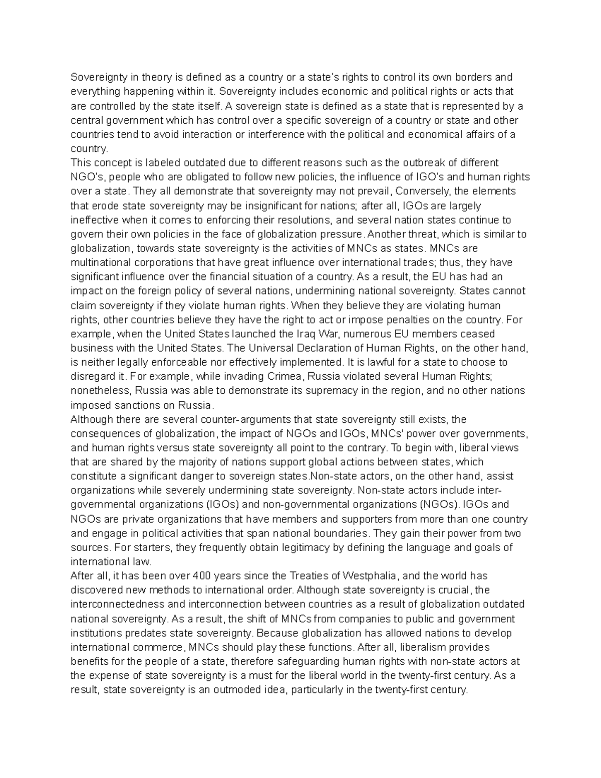 Sovereignty assignment - Sovereignty in theory is defined as a country ...