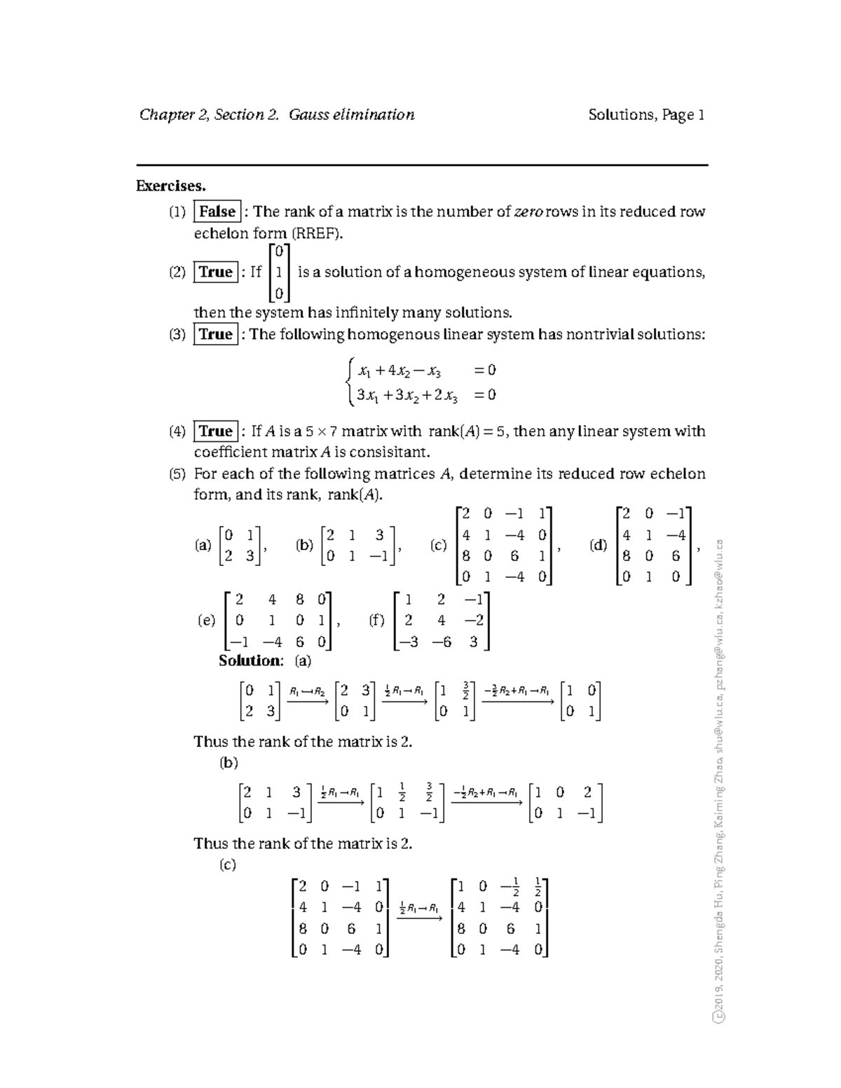 Chapter 2.2 Solutions - Chapter 2, Section 2. Gauss elimination Solutions, Page 1 Exercises. (1 ...