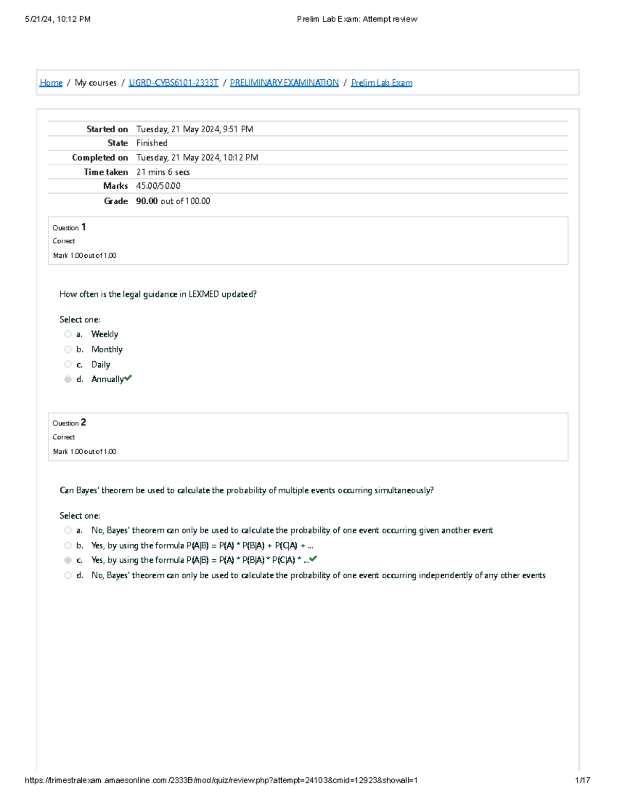 CYB6101 Prelim Lab Exam 90 score - Home / My courses / UGRD-CYBS6101 ...