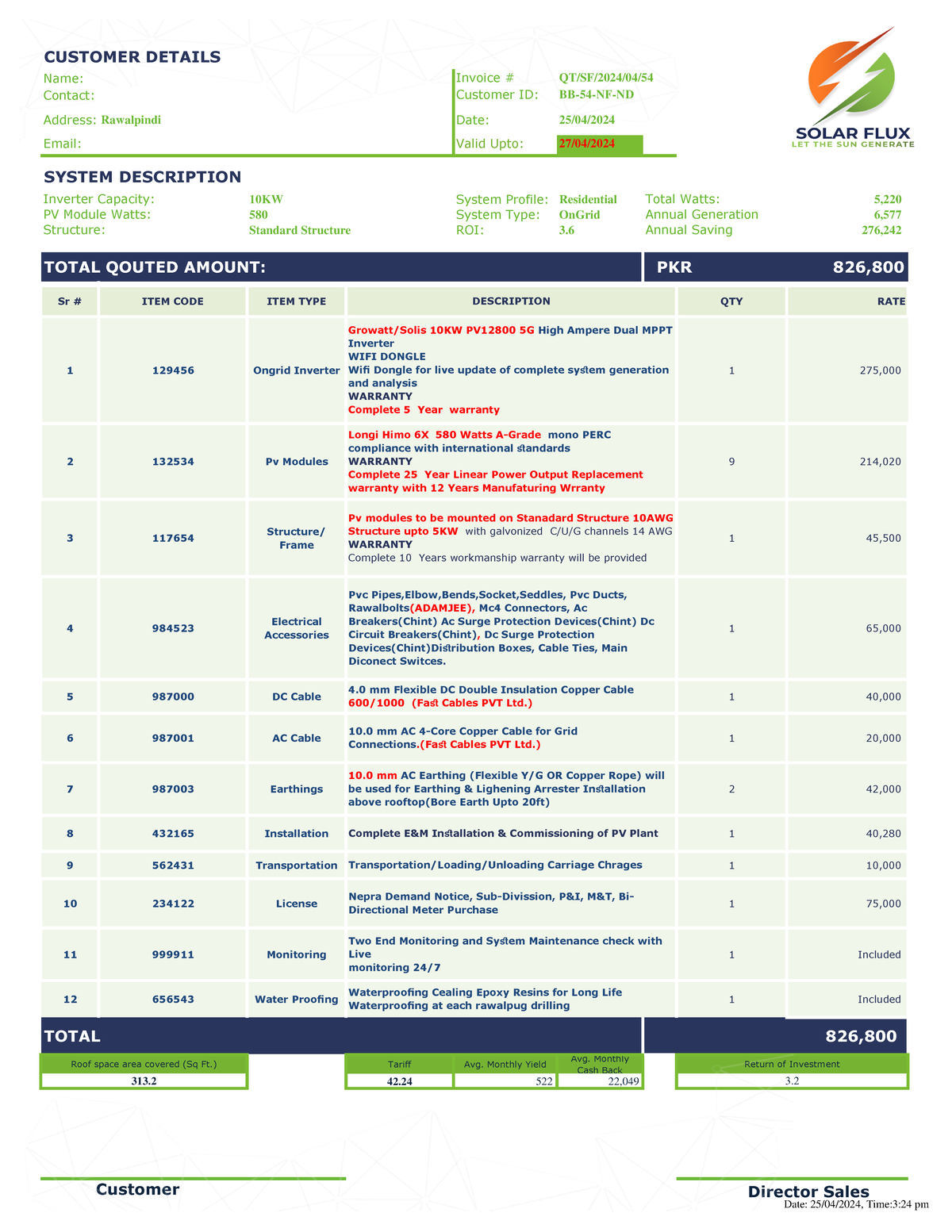 5KW with 10KW inverter - jhjhjh - CUSTOMER DETAILS Name: Invoice # QT/SF/2024/04/ Contact ...