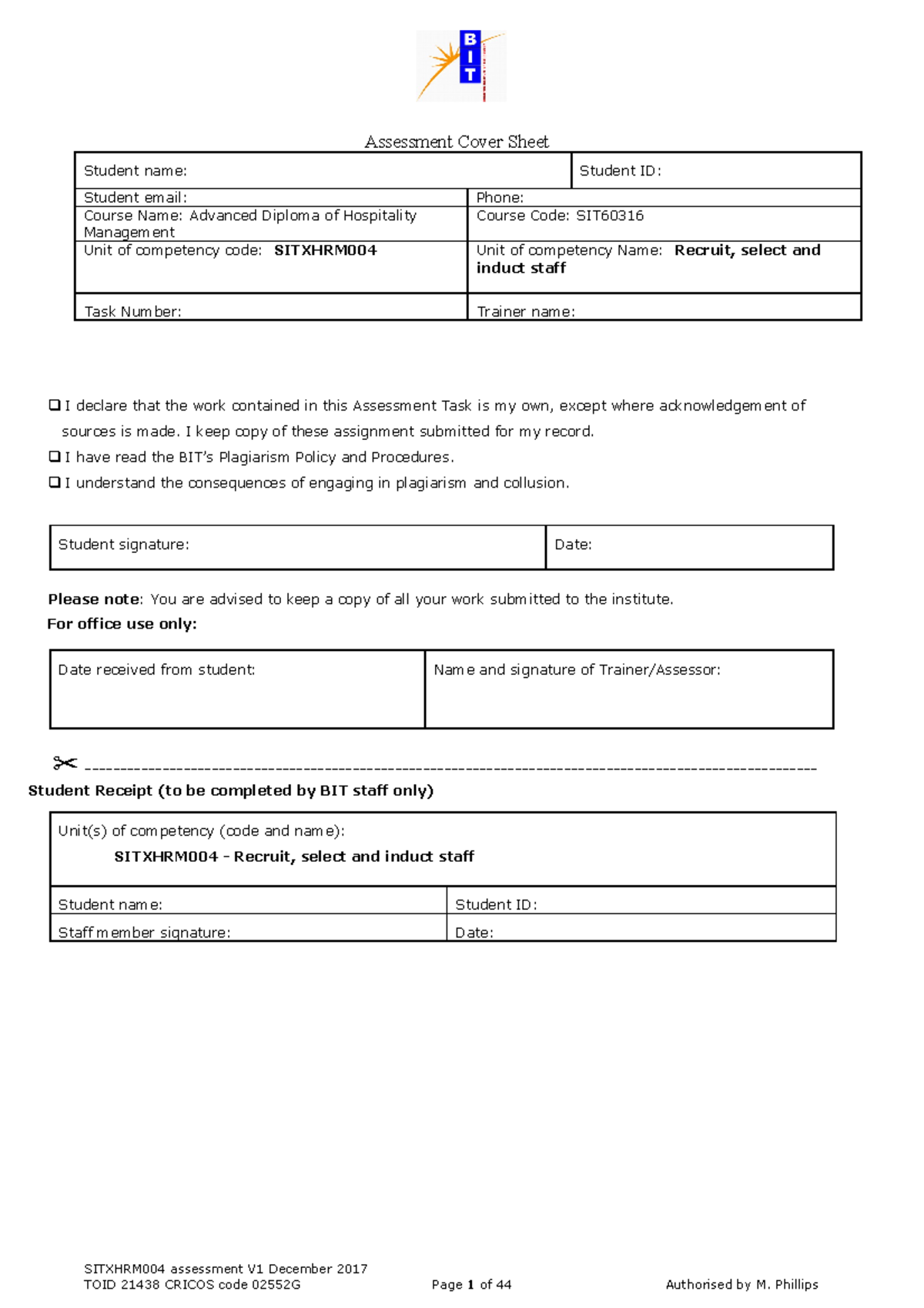 Sitxhrm 004 Master Assessment - Learner - ####### Assessment Cover ...