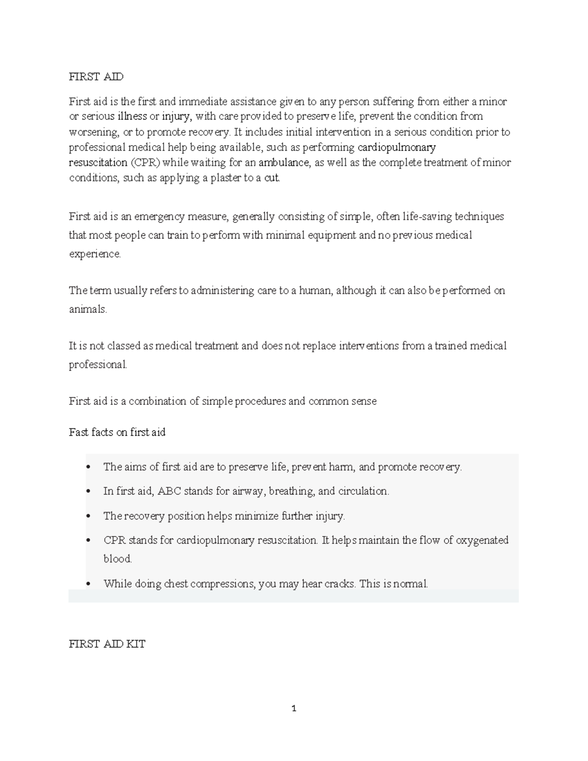 First aid-notes - FIRST AID First aid is the first and immediate ...